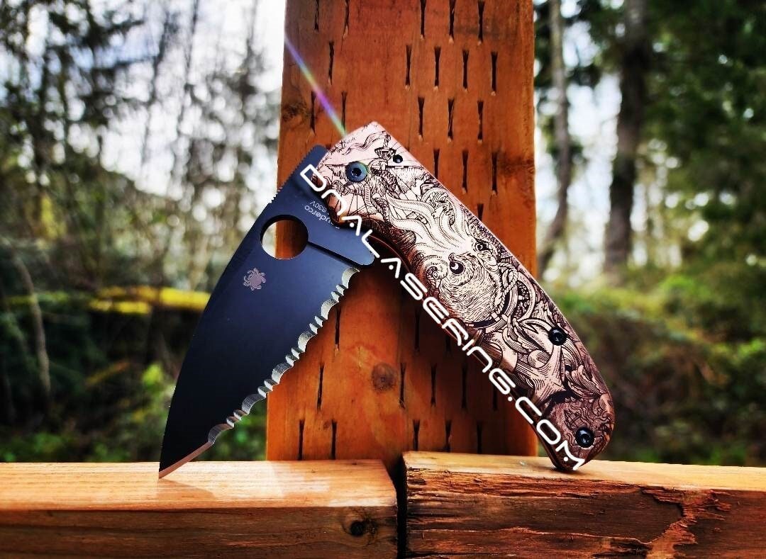 Kraken VS Pirate Ship - Spyderco Shaman - Laser Engraved Copper Knife ...