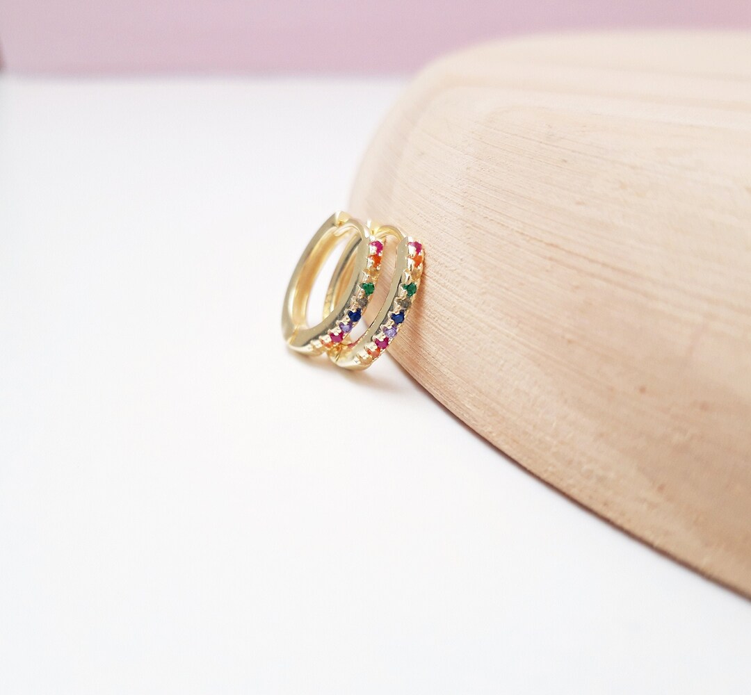 Small Multicolor Hoops, Gold Hoop Earrings, Huggie Rainbow Hoops ...