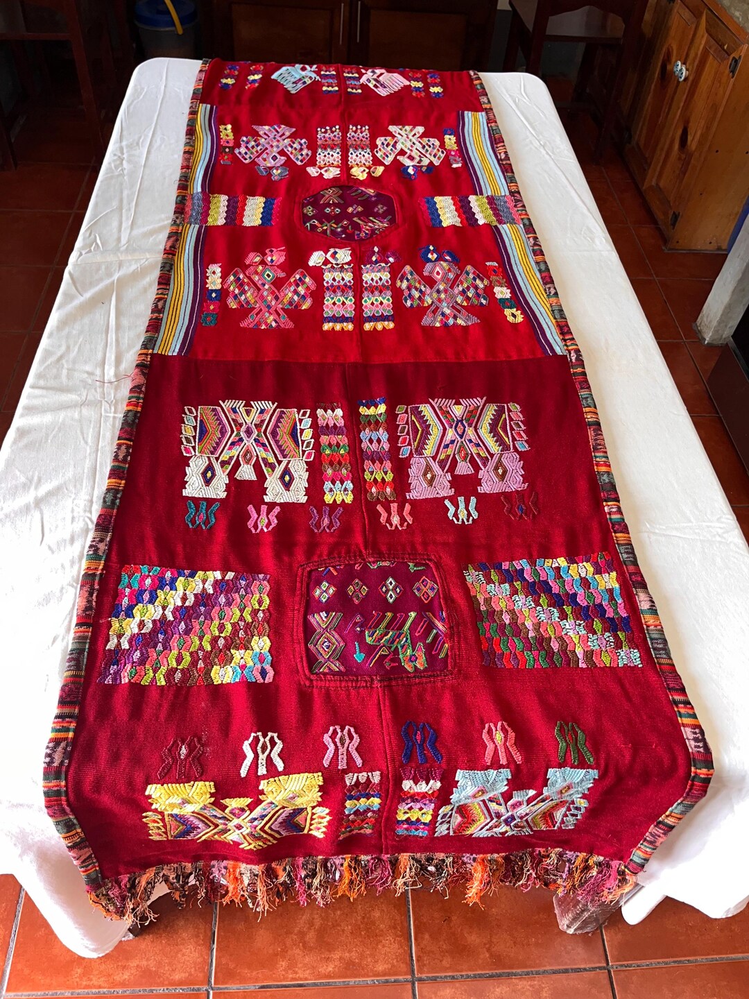 Table Runner From Ixil Region Guatemala - Reds 26" X 36.5" + 5" Fringe ...
