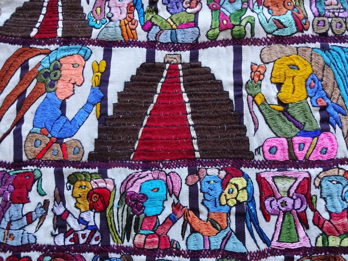 Quilt Panel or Centerpiece Hand Embroidered Mayan Scene | Etsy