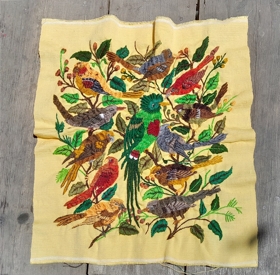Quilt Panel - Hand Embroidered Birds for Sewing Project 17" X 16.5 ...