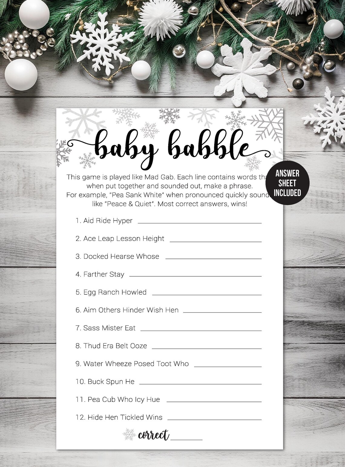 Baby Babble Winter Baby Shower Game Snowflake Baby Shower Game Baby ...