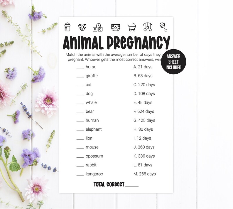 Animal Gestation Game / Baby Shower Game / Guess Animal Pregnancy ...