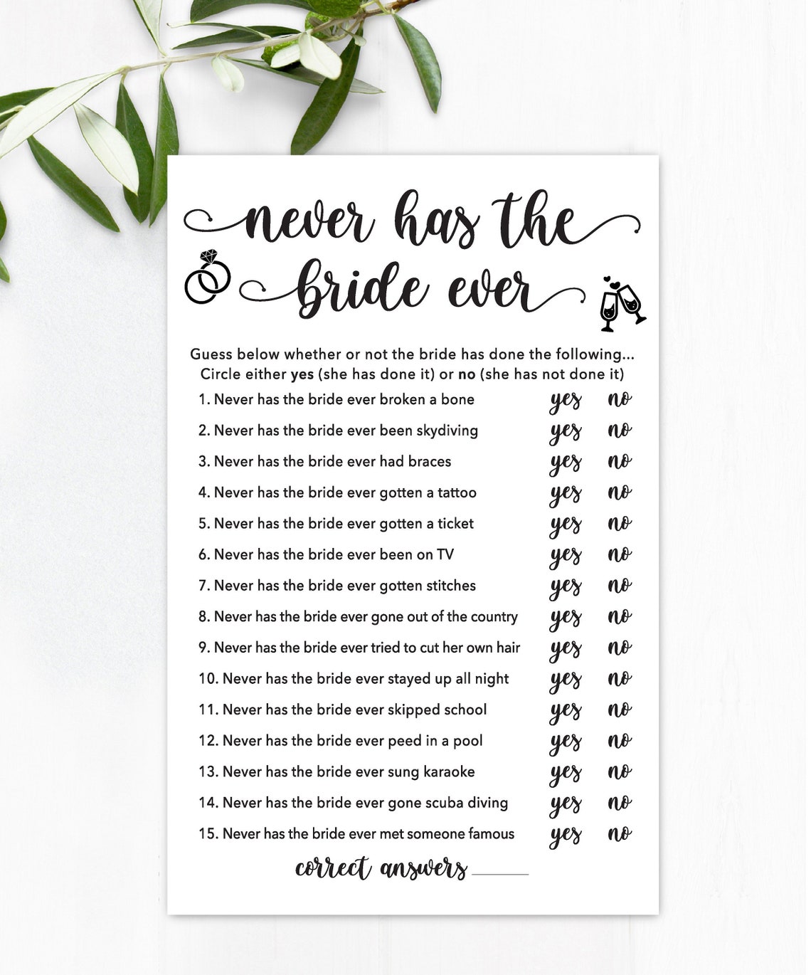 Never Has She Ever / Bridal Shower Game / Never Has the Bride Ever ...