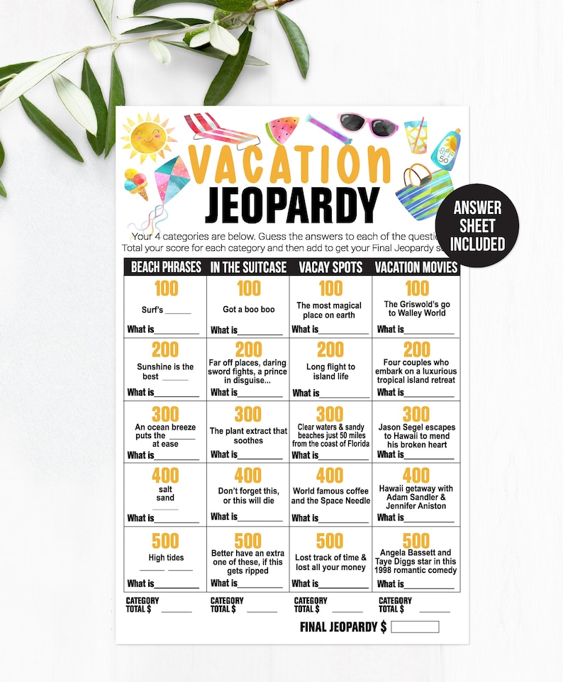 Vacation Jeopardy Game / Vacation Games / Vacation Trivia / Summer ...