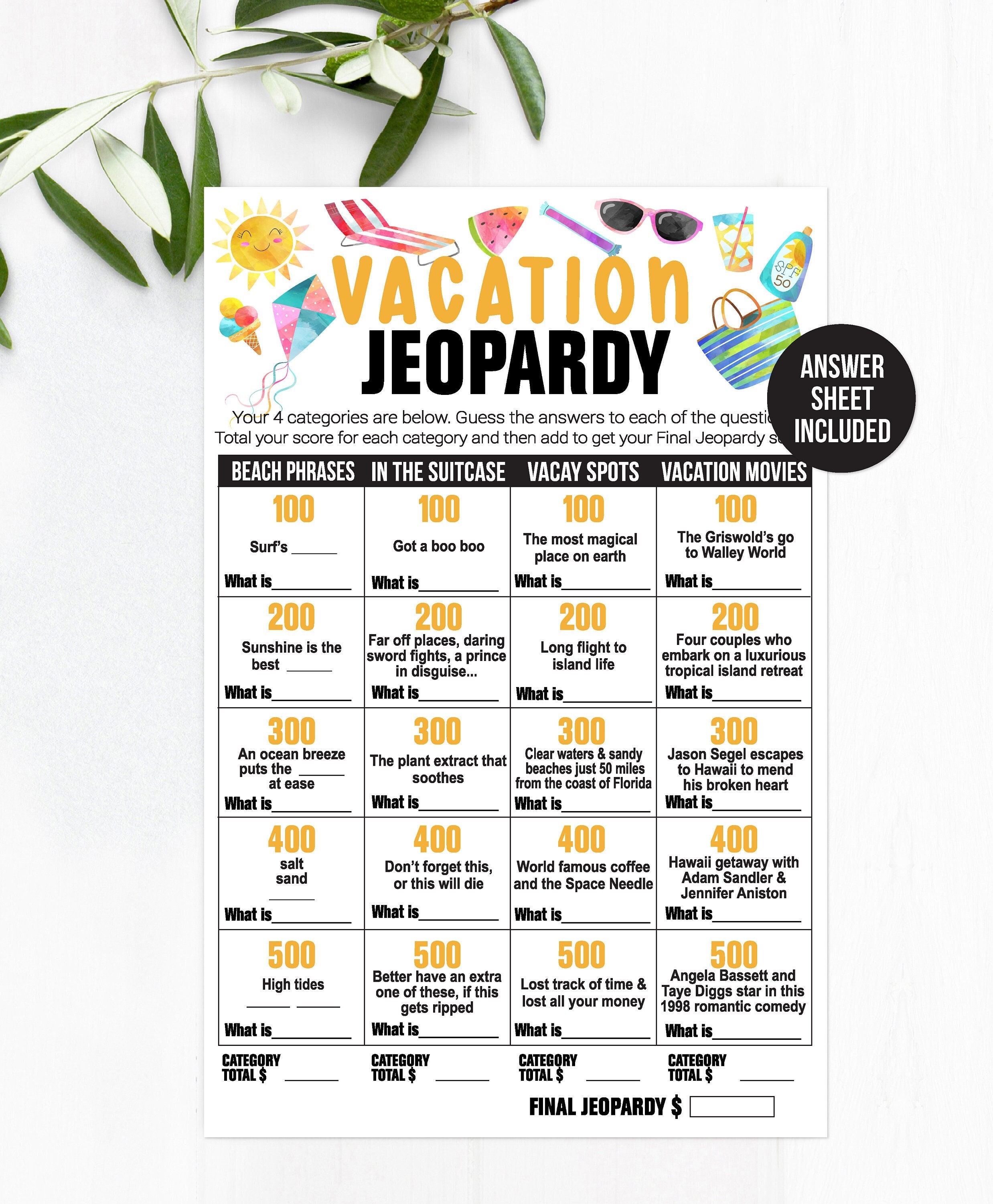 Vacation Jeopardy Game / Vacation Games / Vacation Trivia / Summer ...