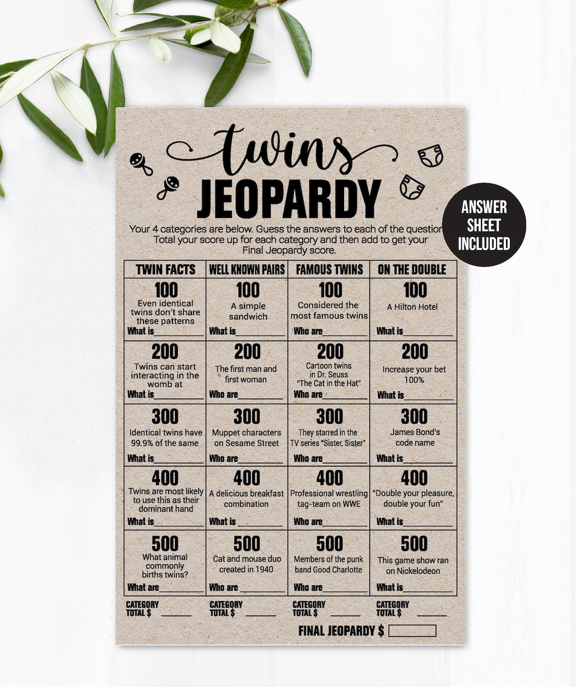 Twins Jeopardy / Twins Trivia / Twins Baby Shower Game / Twins Baby ...