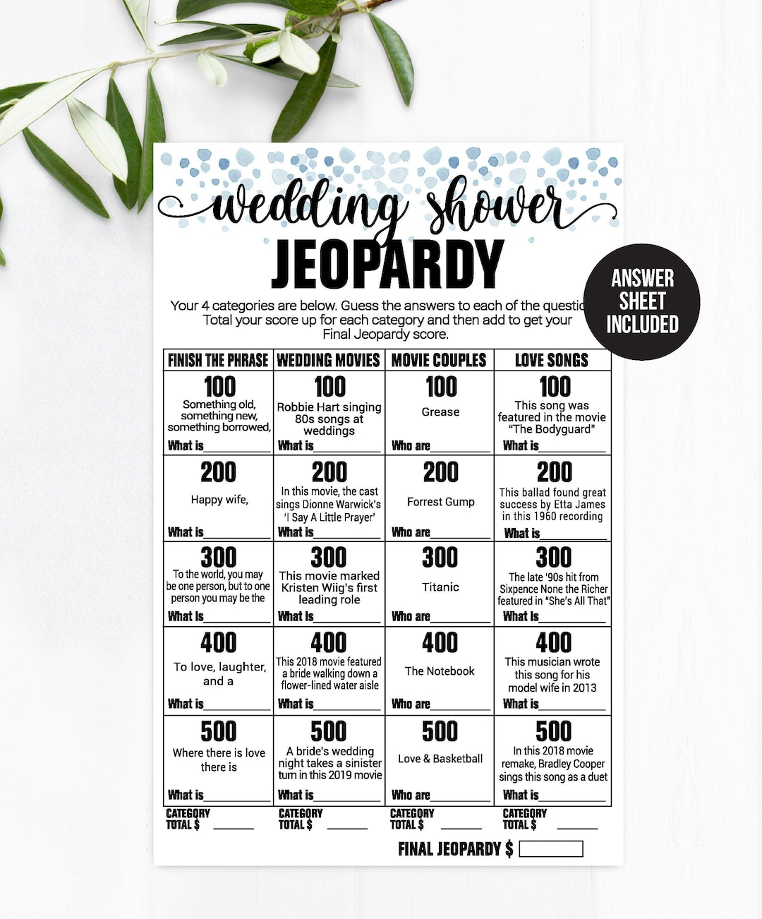 Wedding Jeopardy Bridal Trivia Jeopardy Blue Bridal Shower Winter ...