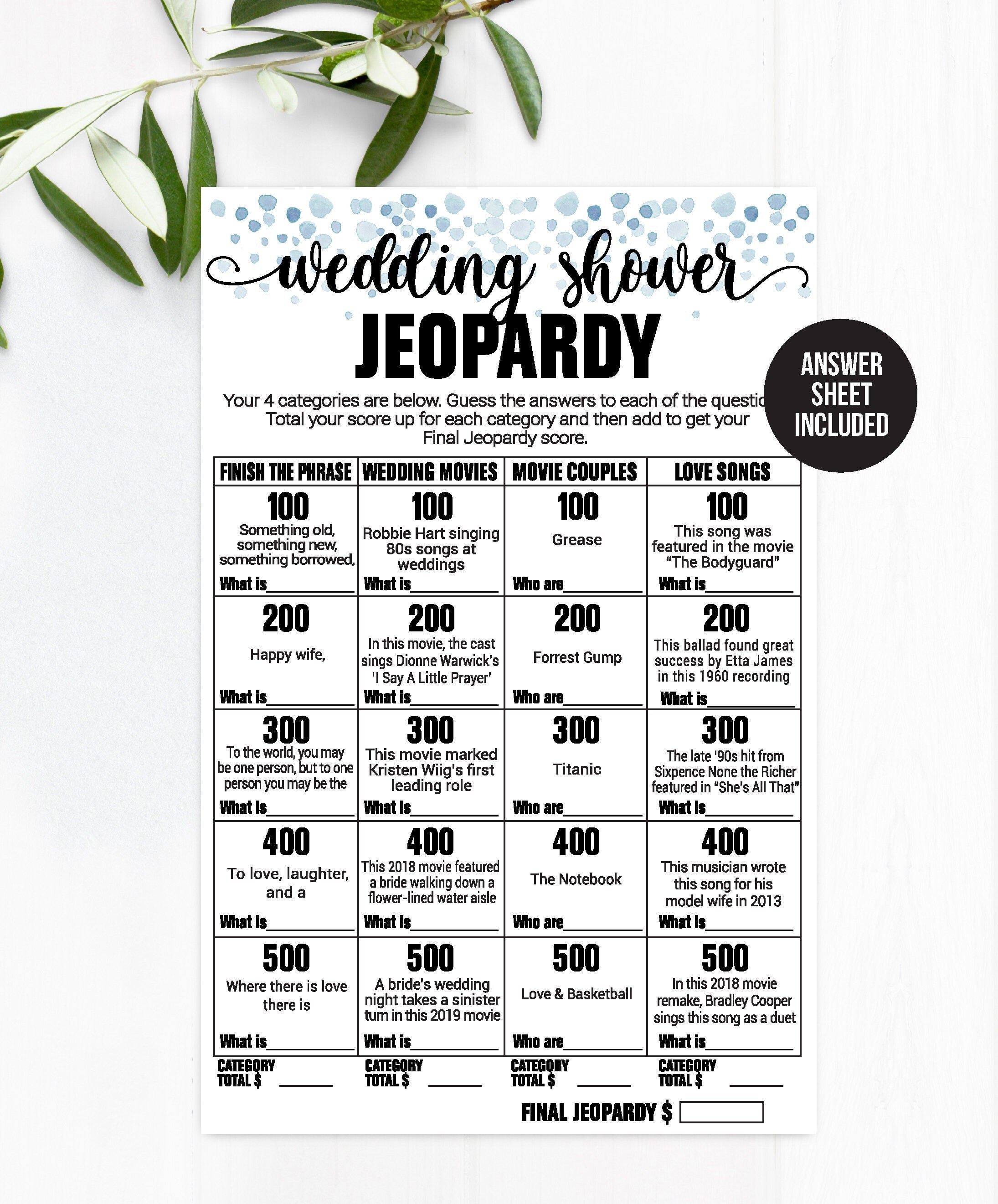 Wedding Jeopardy Bridal Trivia Jeopardy Blue Bridal Shower Winter ...