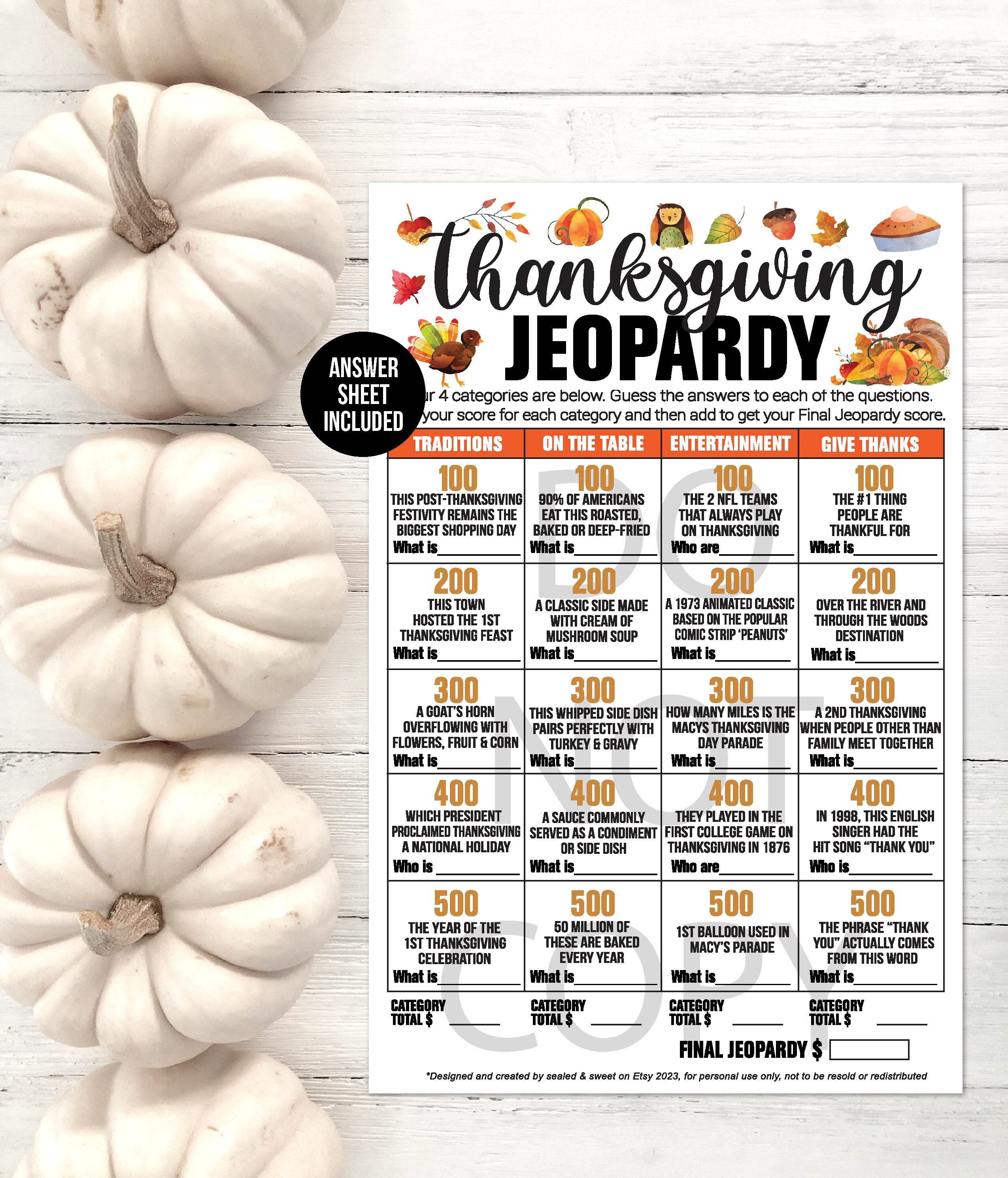 Thanksgiving Jeopardy / Thanksgiving Trivia Game / Jeopardy Game ...