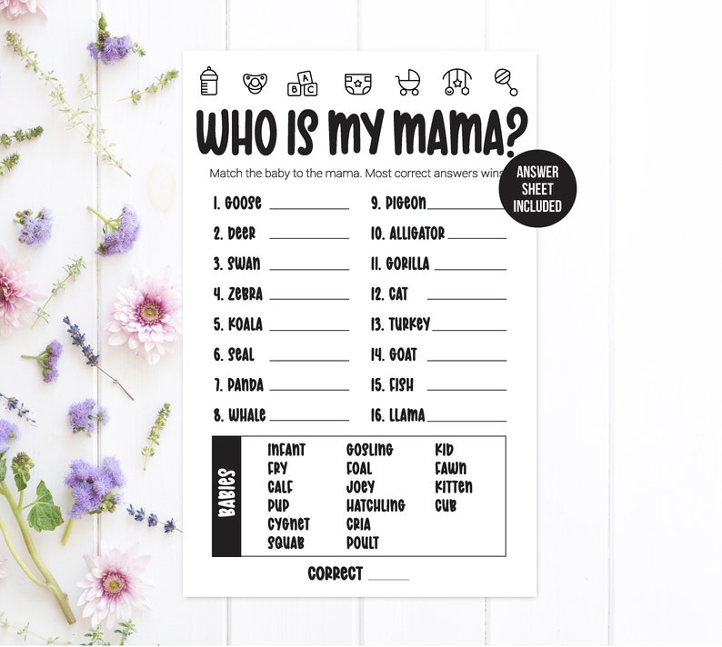 Whos My Mama Baby Animal Game Baby Animal Match Baby Shower Game Baby ...