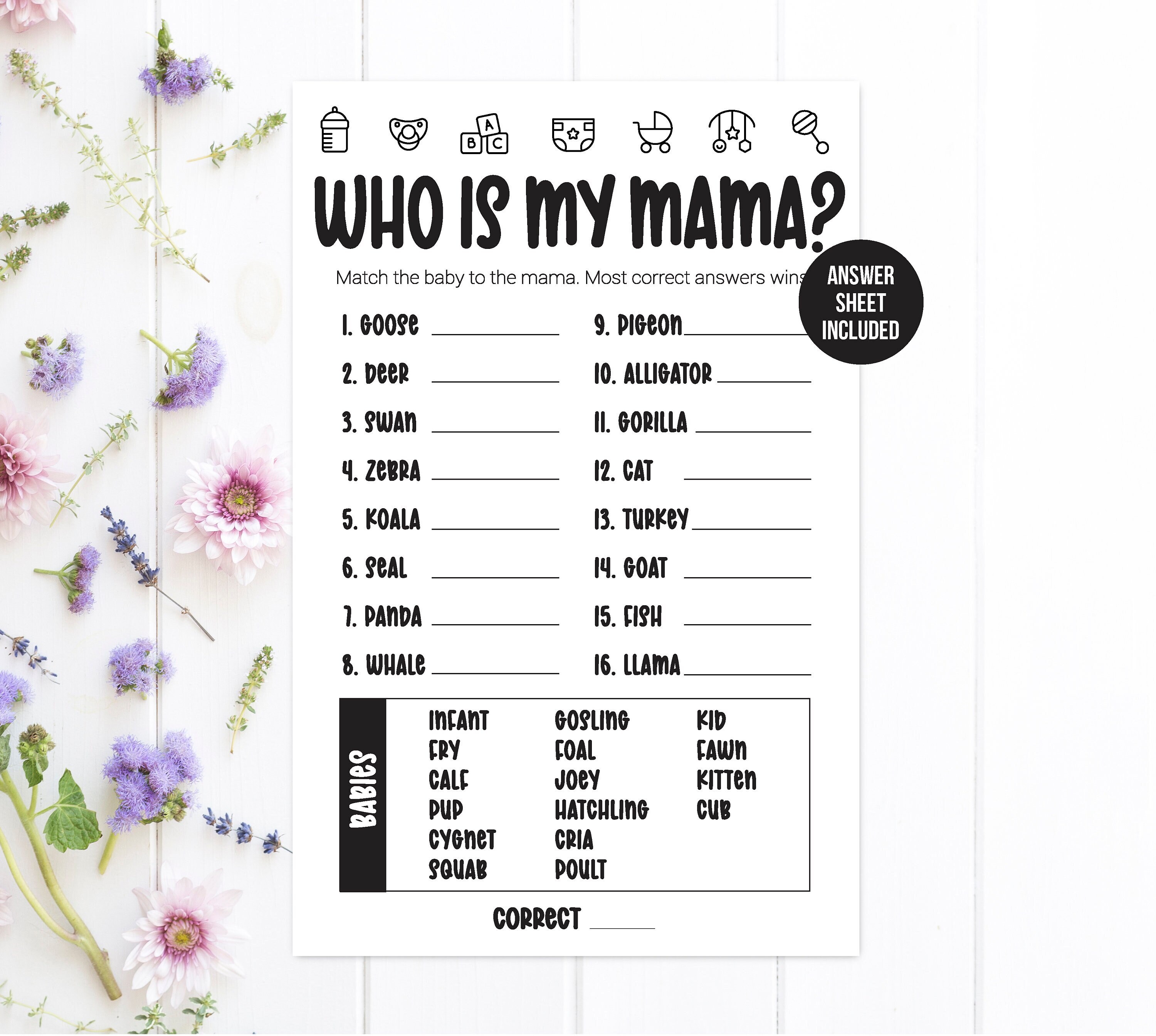 Whos My Mama Baby Animal Game Baby Animal Match Baby Shower Game Baby ...