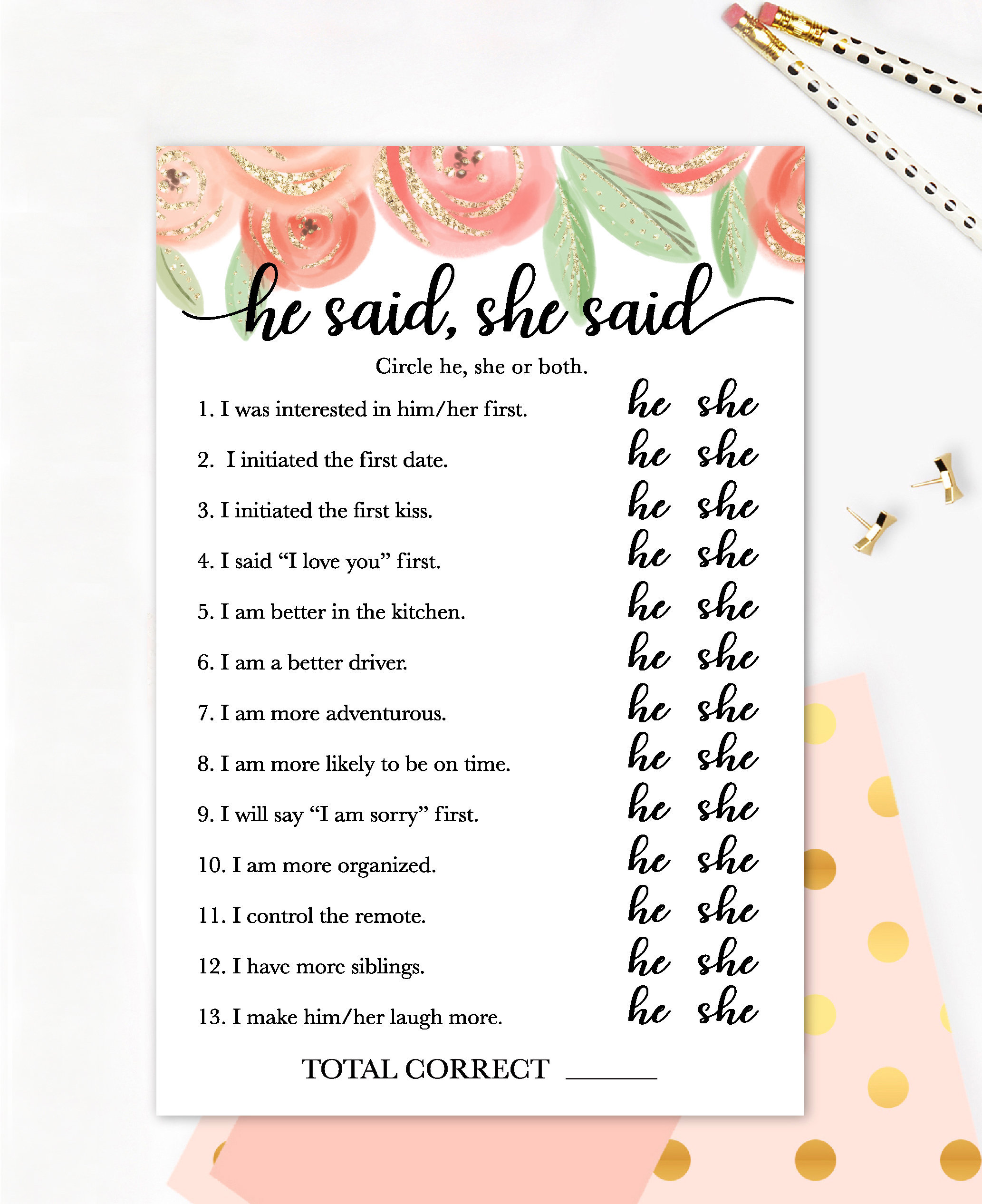 Instant Download He Said She Said Game / Blush Pink and Gold - Etsy