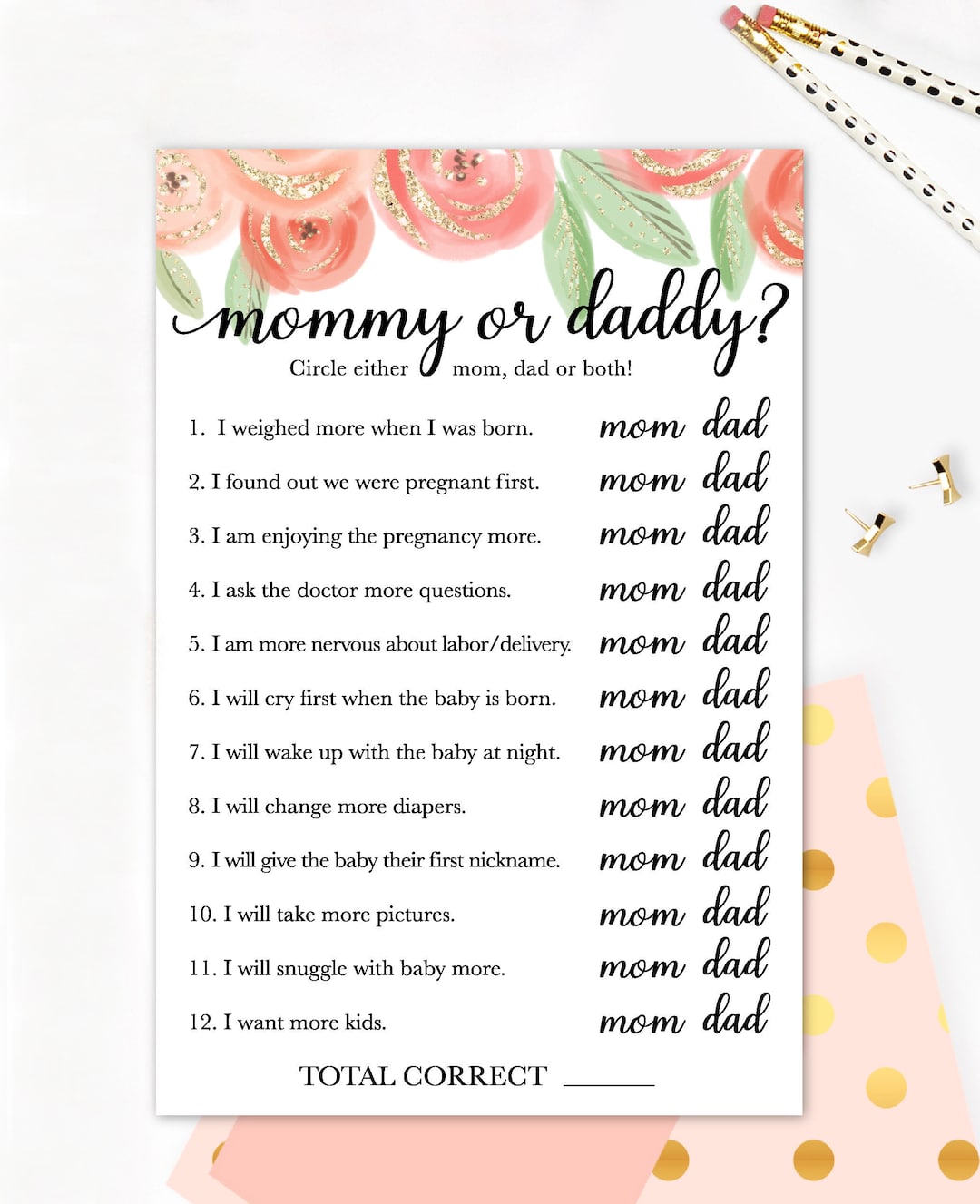 Instant Download Mommy or Daddy Game / Blush Pink and Gold Glitter Baby ...