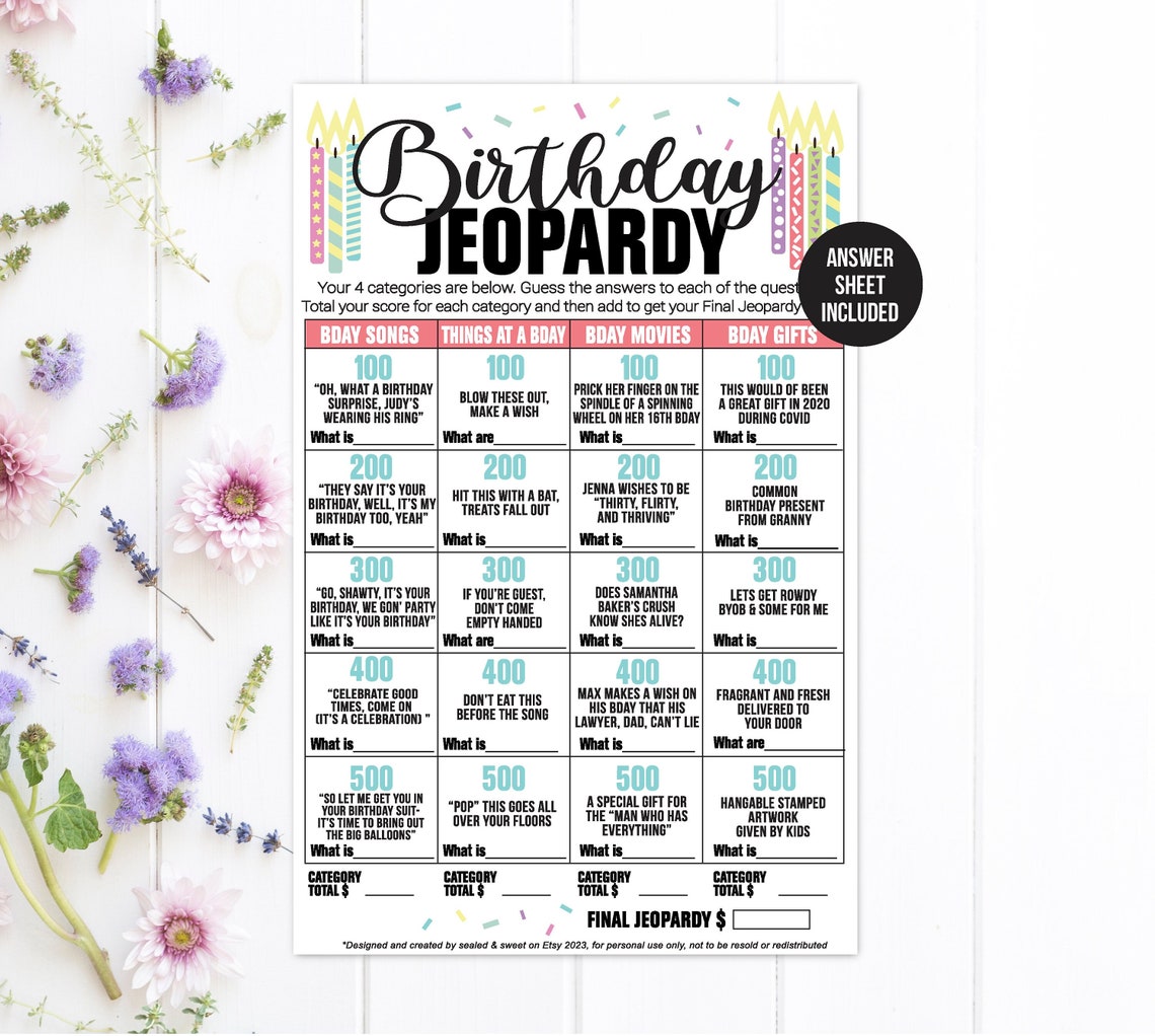 Birthday Jeopardy Game Jeopardy Birthday Game Birthday Games Printable ...