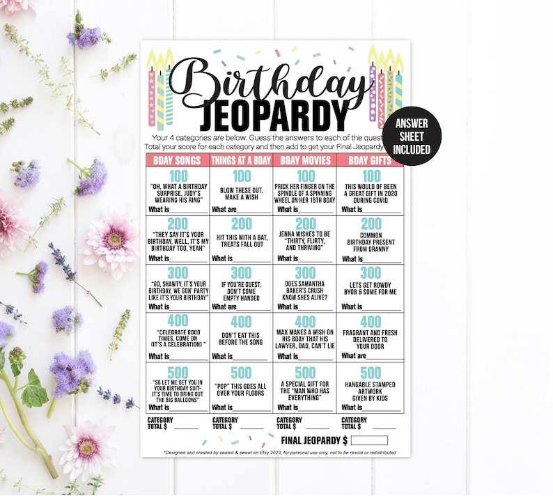 Birthday Jeopardy Game Jeopardy Birthday Game Birthday Games Printable ...