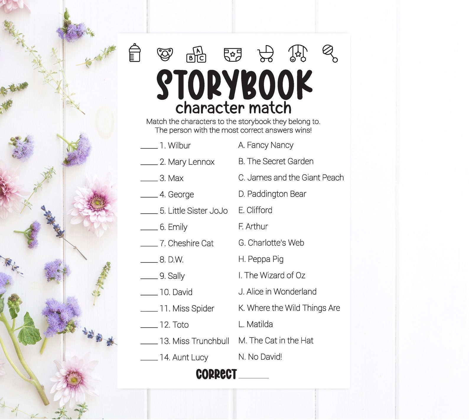 Storybook Character Match Baby Shower Game, Simple Black and White Boy ...