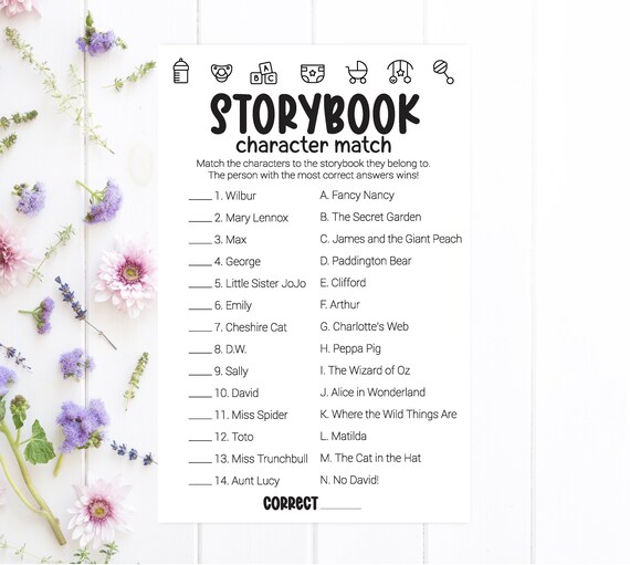 Storybook Character Match Baby Shower Game Simple Black and - Etsy