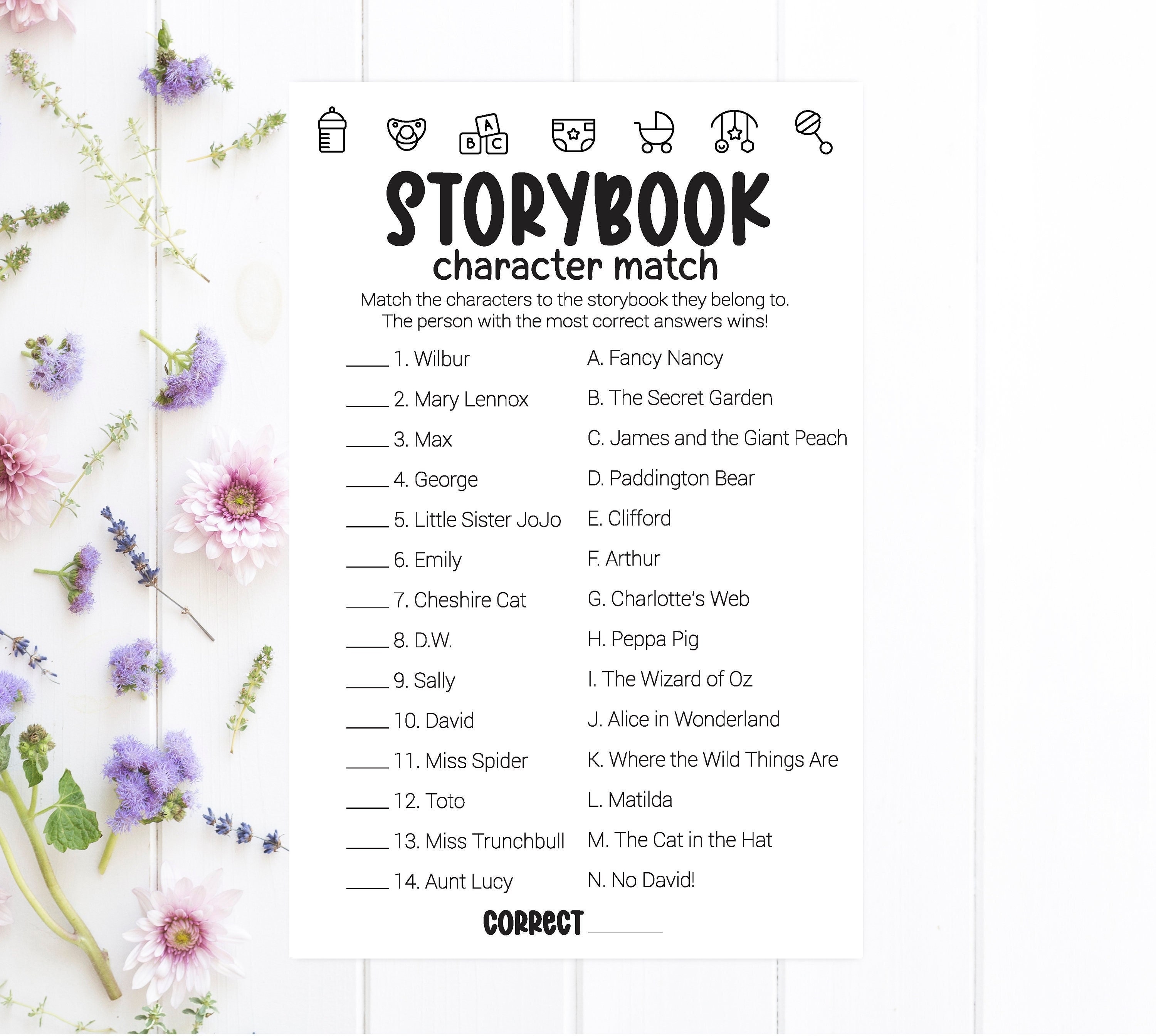 Storybook Character Match Baby Shower Game, Simple Black and White Boy ...