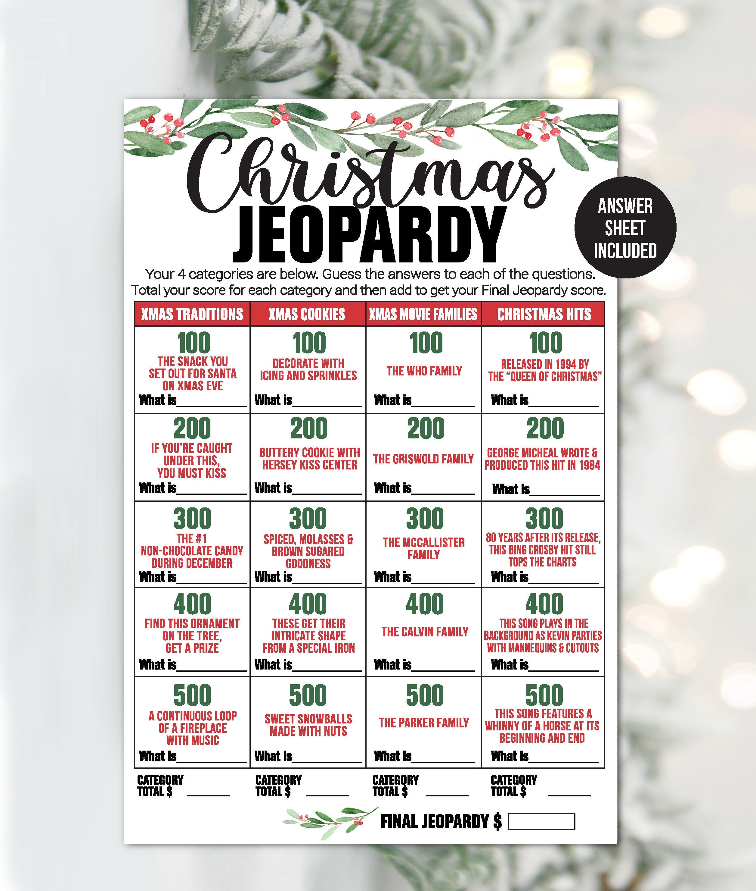 Christmas Jeopardy Game Christmas Trivia Game Holiday Trivia Game ...