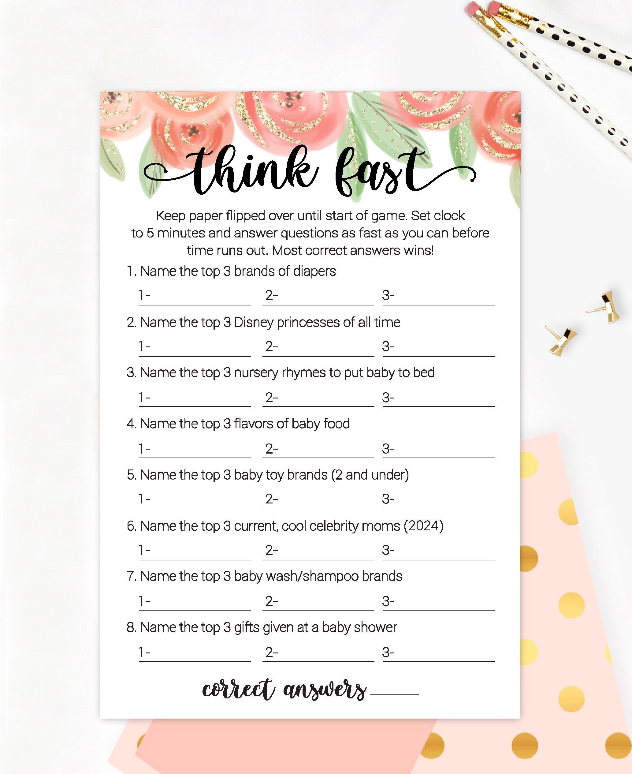 Baby Shower Think Fast Baby Shower Trivia Baby Shower Game, Gold and ...