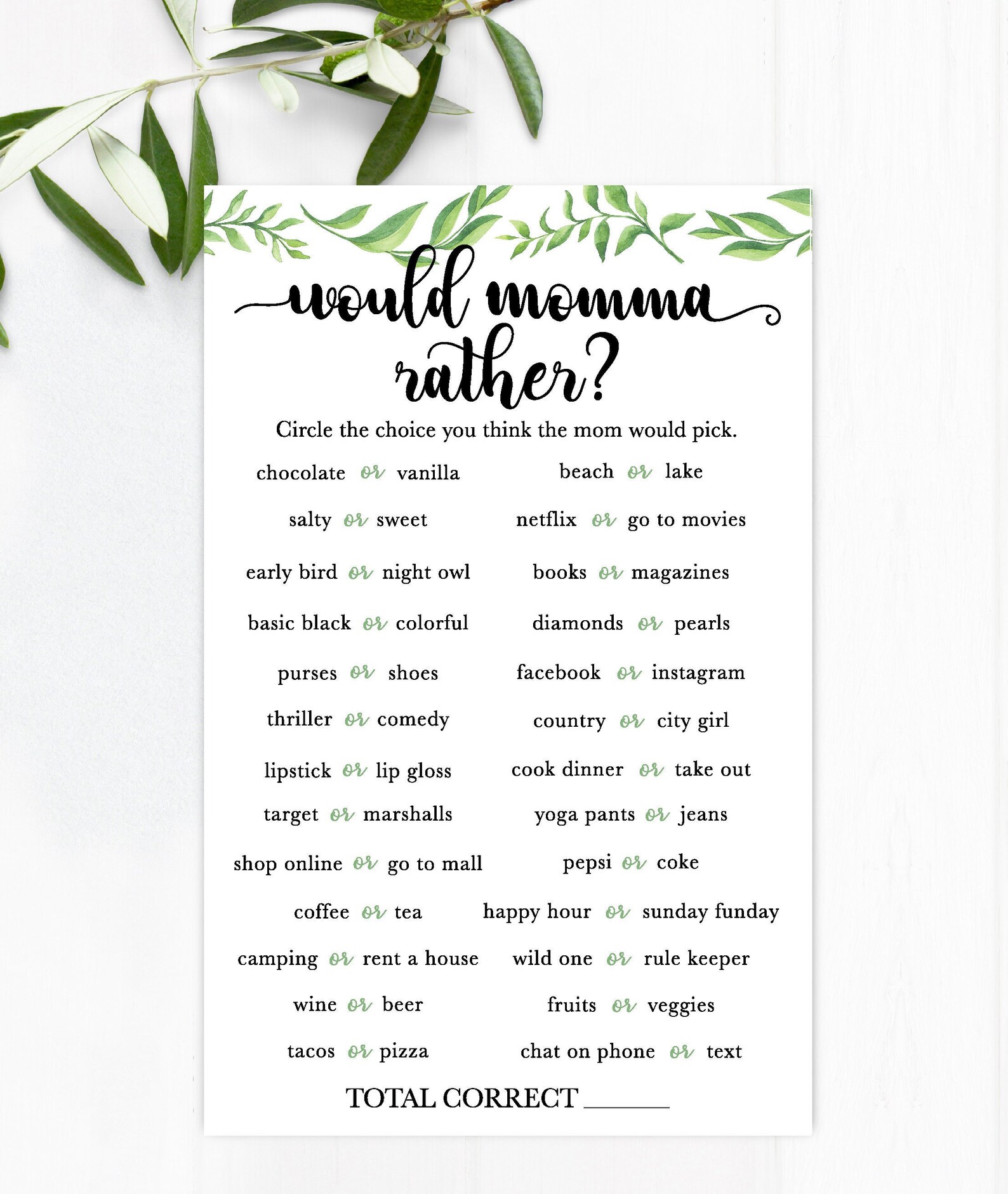 Would Momma Rather Would She Rather Baby Shower Game Greenery - Etsy