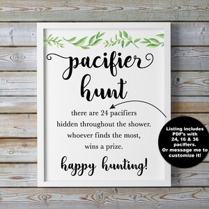 Pacifier Hunt Game Sign / Greenery Baby Shower Sign / 24 Pacifiers / 16 ...