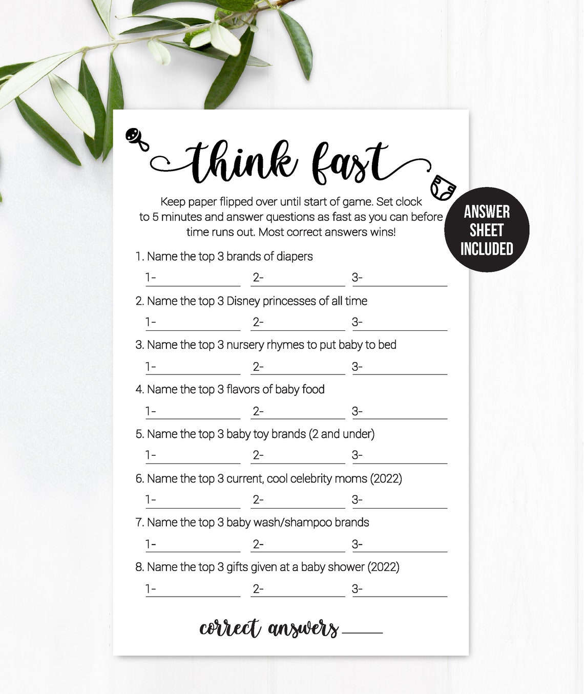 Think Fast Baby Shower Game / Think Fast / Baby Shower Trivia | Etsy