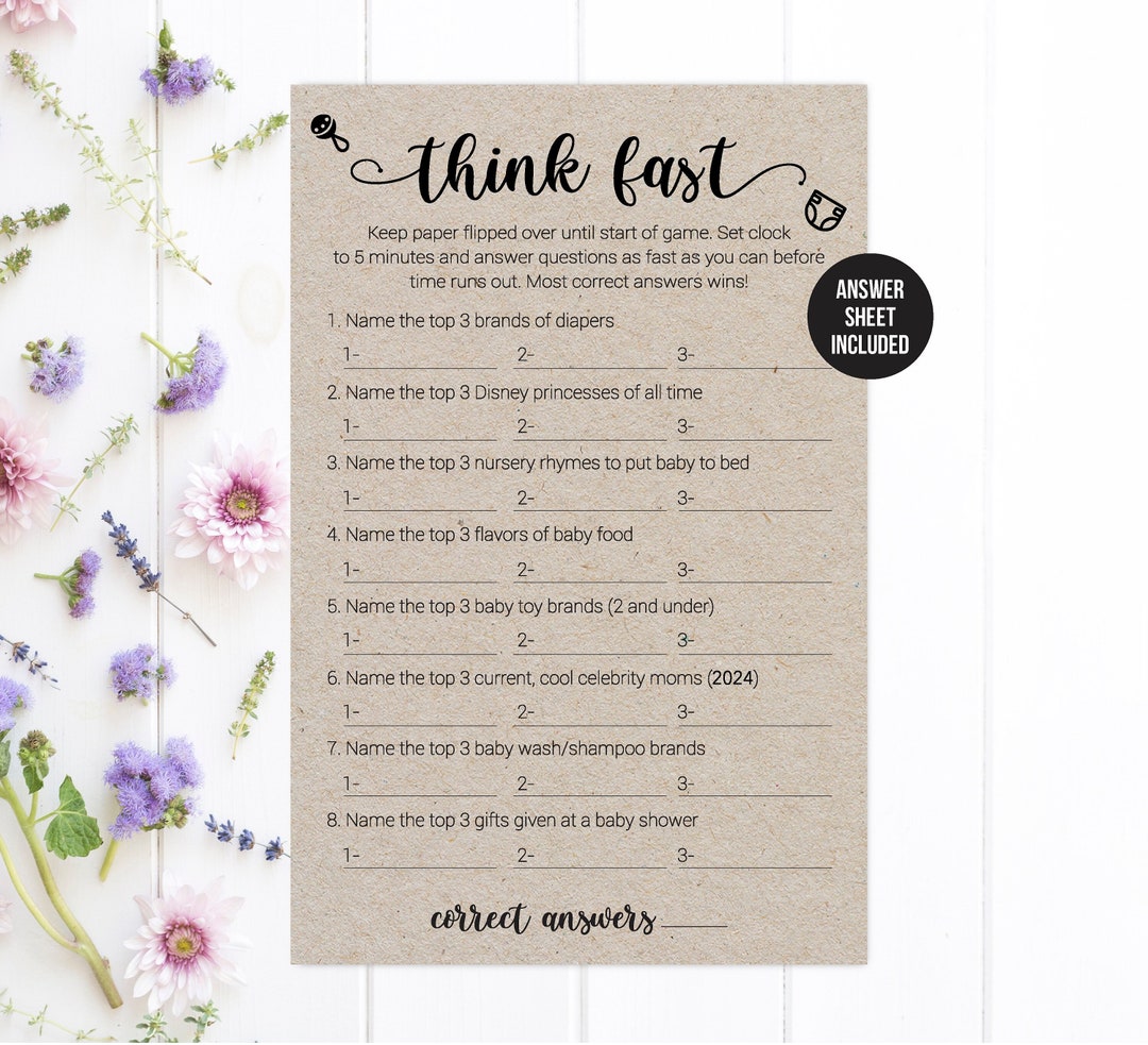 Think Fast Baby Shower Game / Think Fast / Baby Shower Trivia / Rustic ...