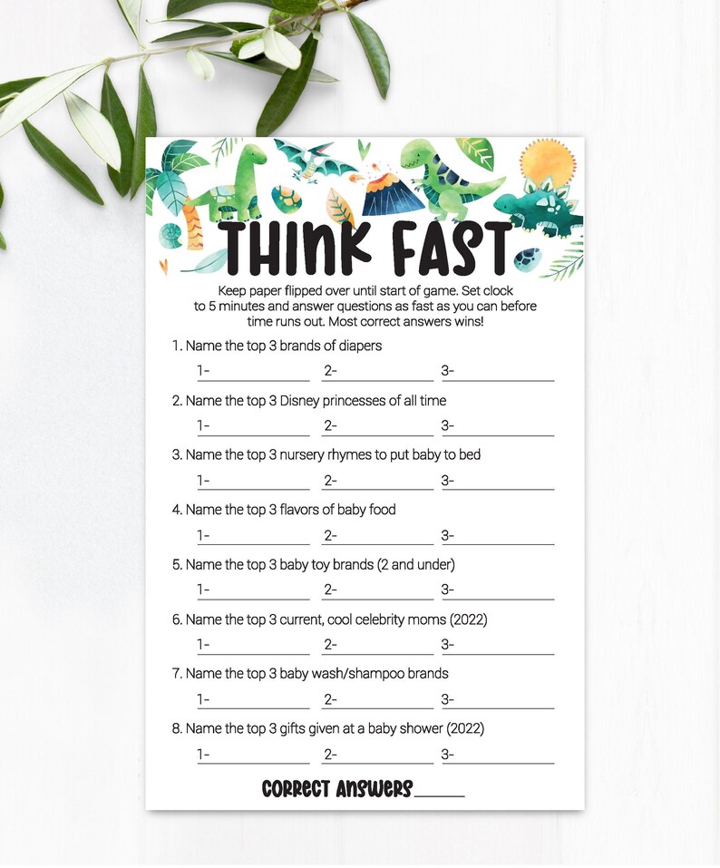 Think Fast / Baby Shower Game / Dinosaur Baby Shower / Baby - Etsy