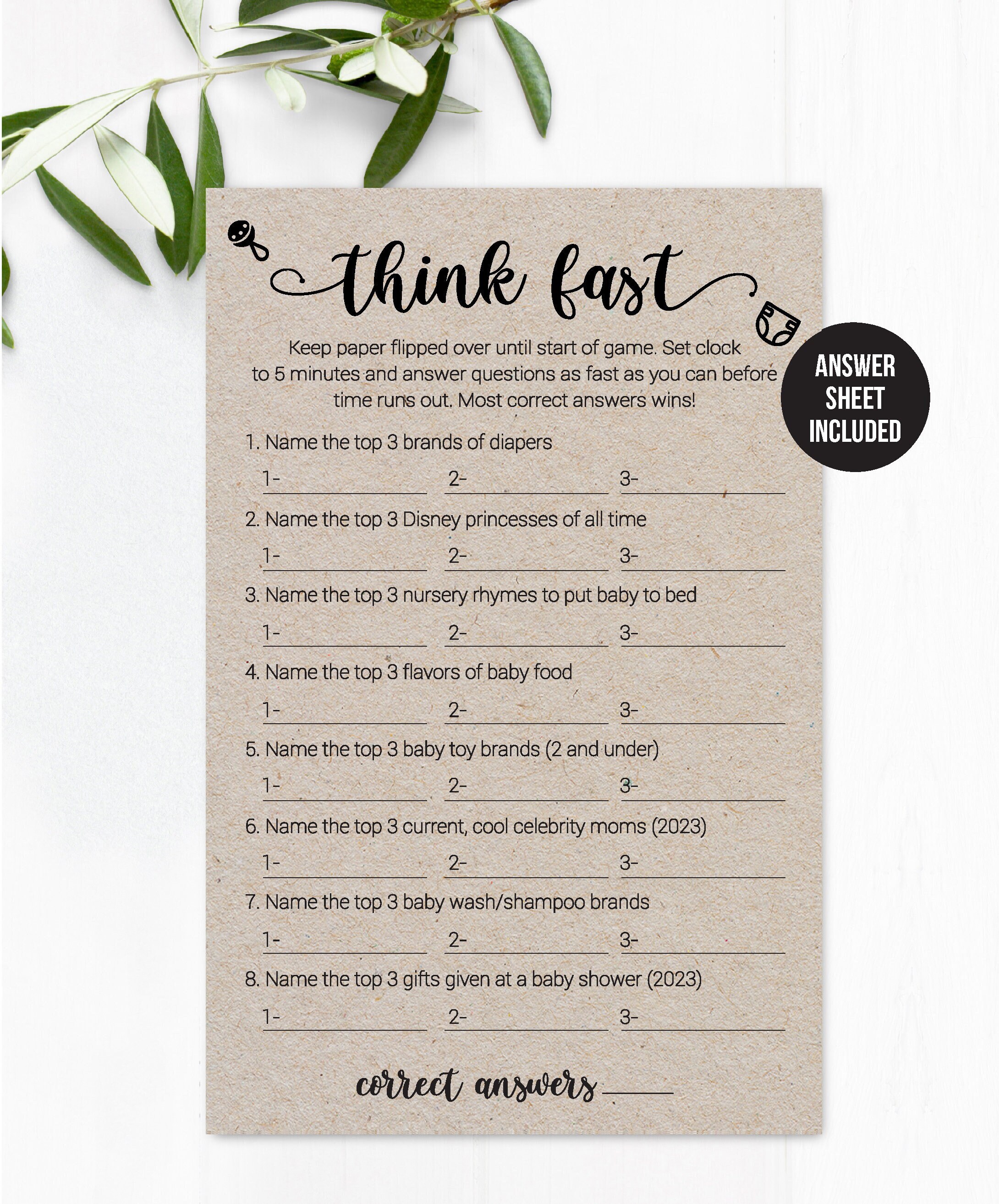 Think Fast Baby Shower Game / Think Fast / Baby Shower Trivia - Etsy