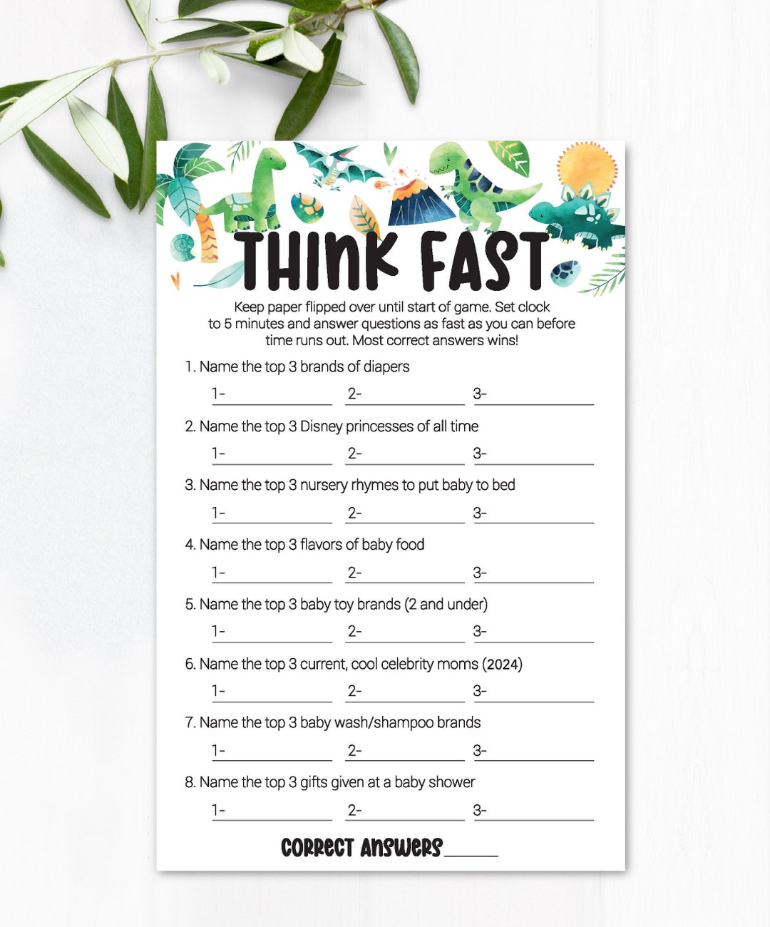 Think Fast / Baby Shower Game / Dinosaur Baby Shower / Baby Shower ...