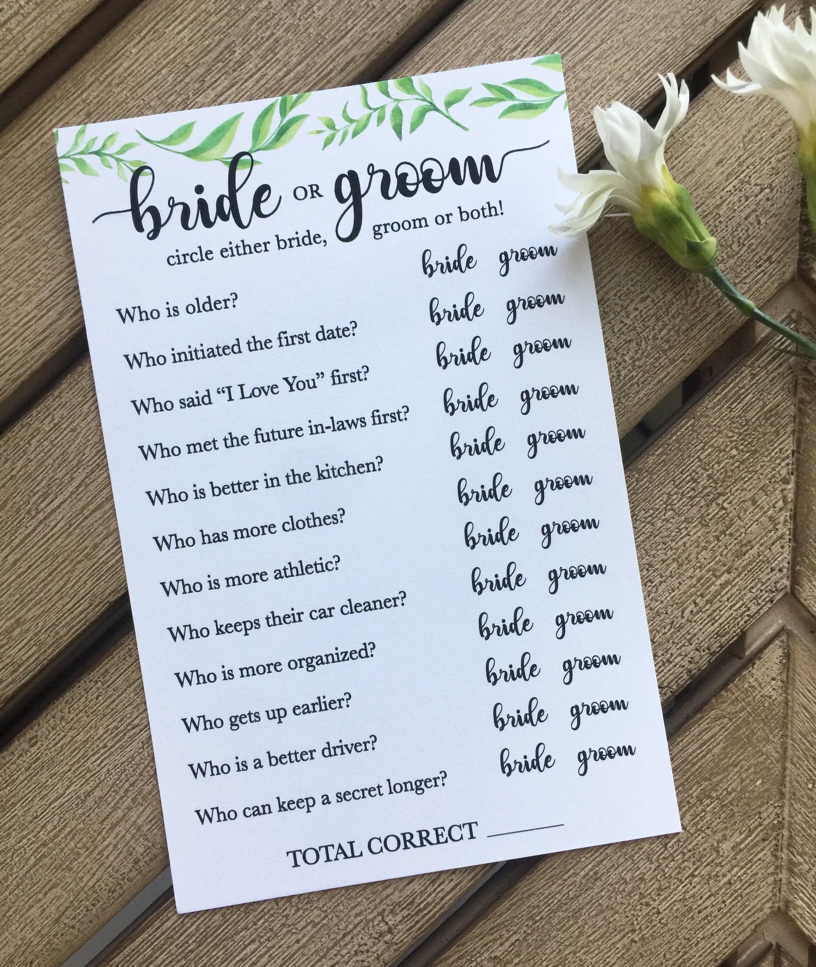 Instant Download Greenery Bridal Shower Game / Bride or Groom Game / He ...