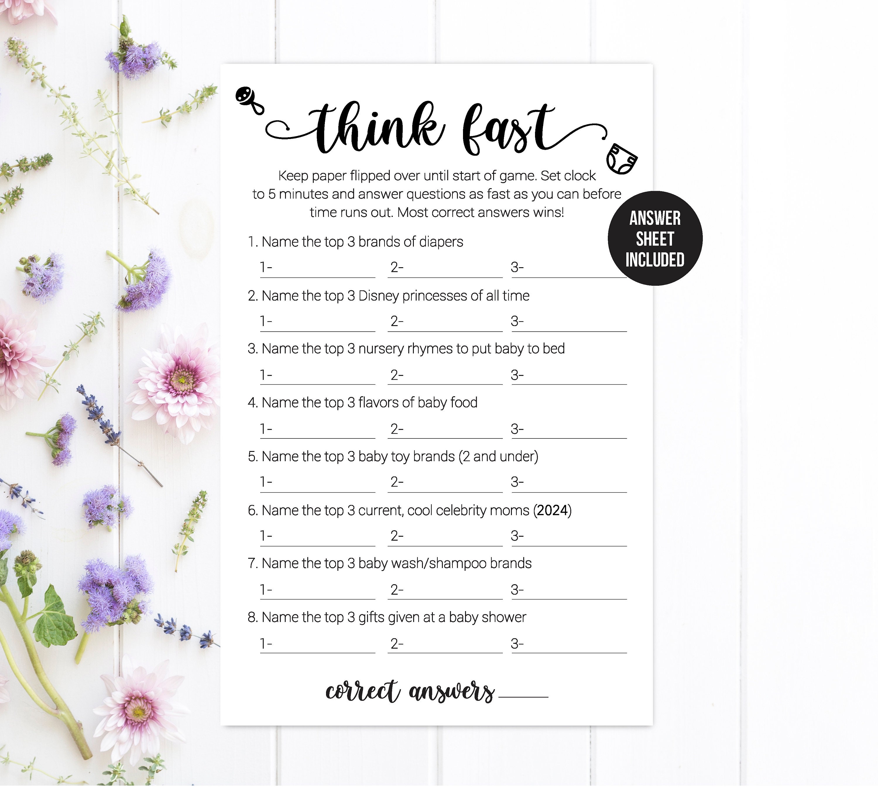 Think Fast Baby Shower Game / Think Fast / Baby Shower Trivia / Rustic ...