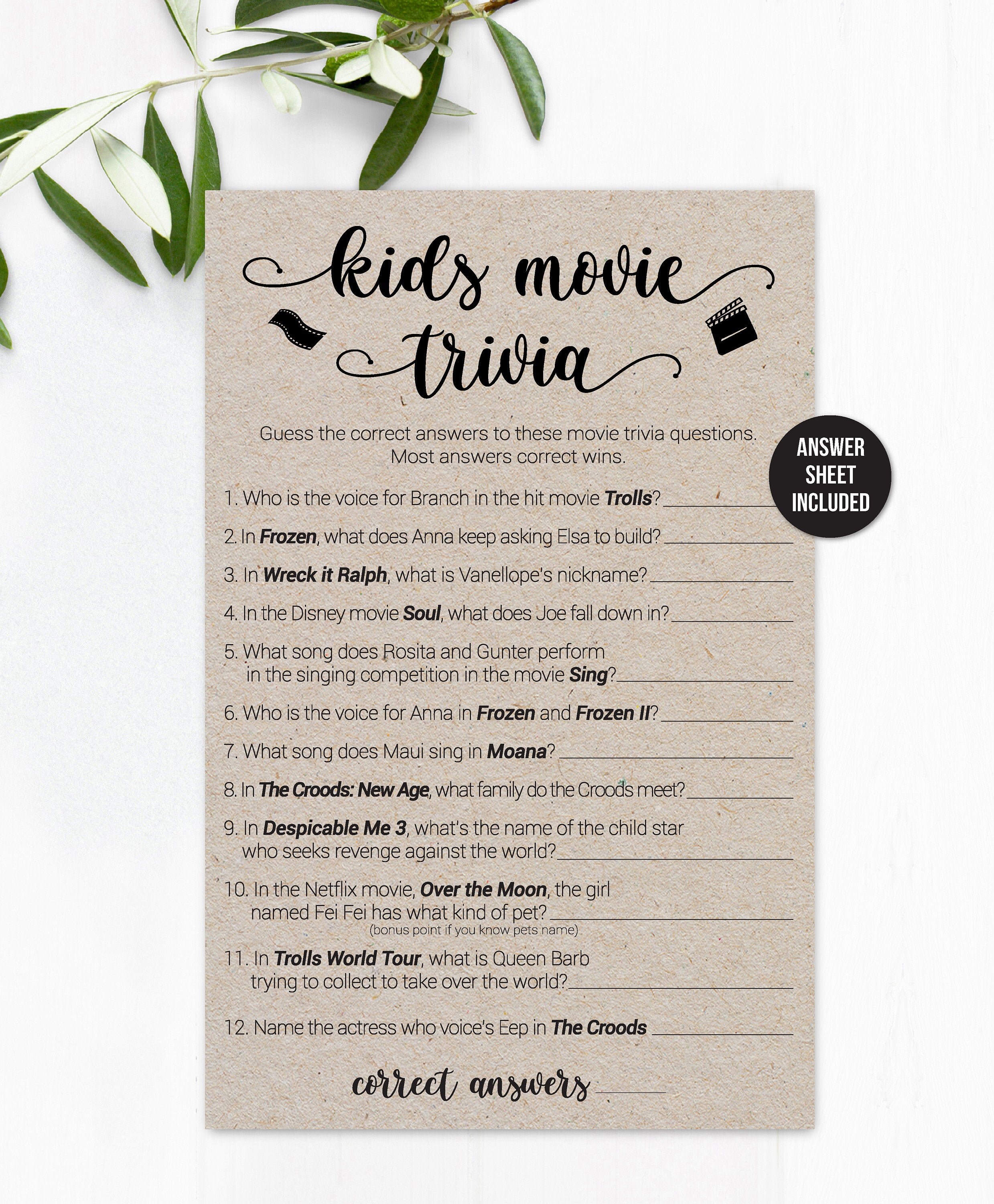 Party Supplies Kids Movie Trivia Game Baby Shower Trivia Game Movie ...