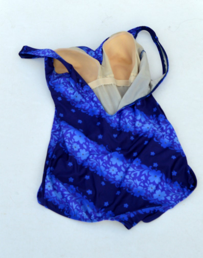 Vintage One Piece Floral Blue Swimsuit 70s Bathing Suit Skirted Retro ...
