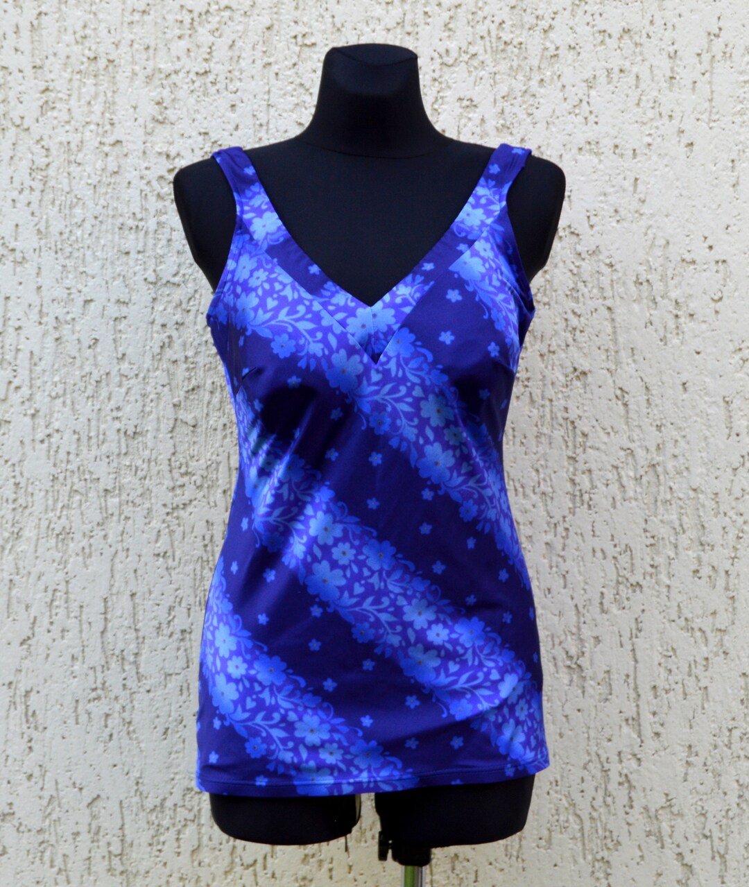 Vintage One Piece Floral Blue Swimsuit 70s Bathing Suit Skirted Retro ...