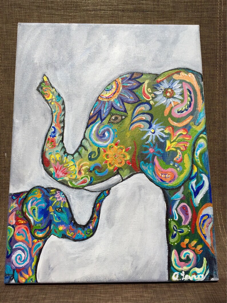 Whimsical Elephant Mother and Baby ORIGINAL Acrylic Painting | Etsy
