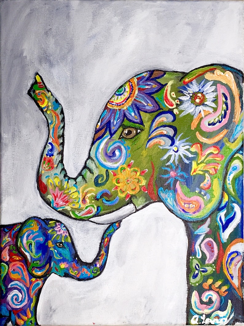 Whimsical Elephant Mother and Baby ORIGINAL Acrylic Painting | Etsy