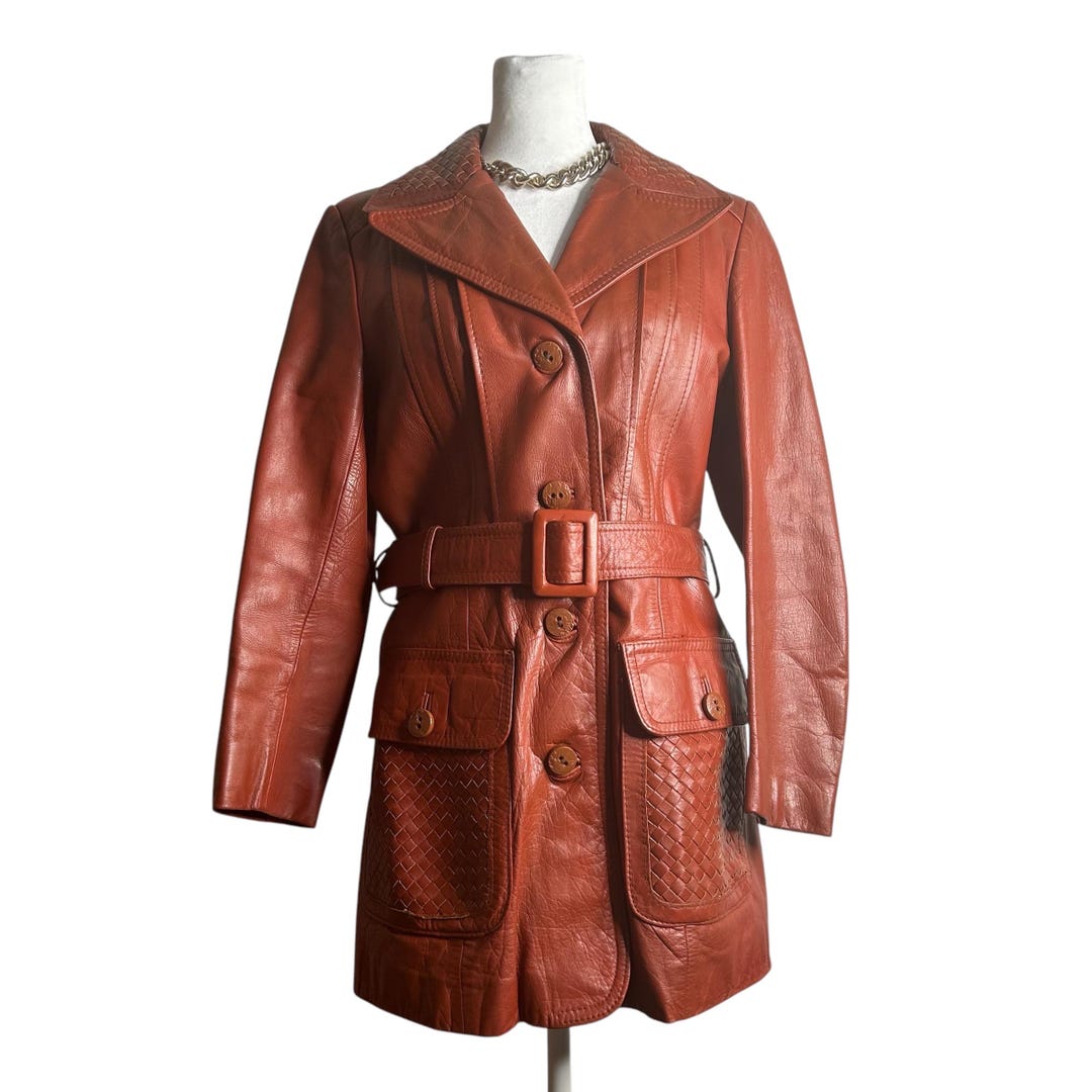 Vtg 70s TFC Belted Leather Lined Jacket / Coat Vintage Size 14 Modern ...