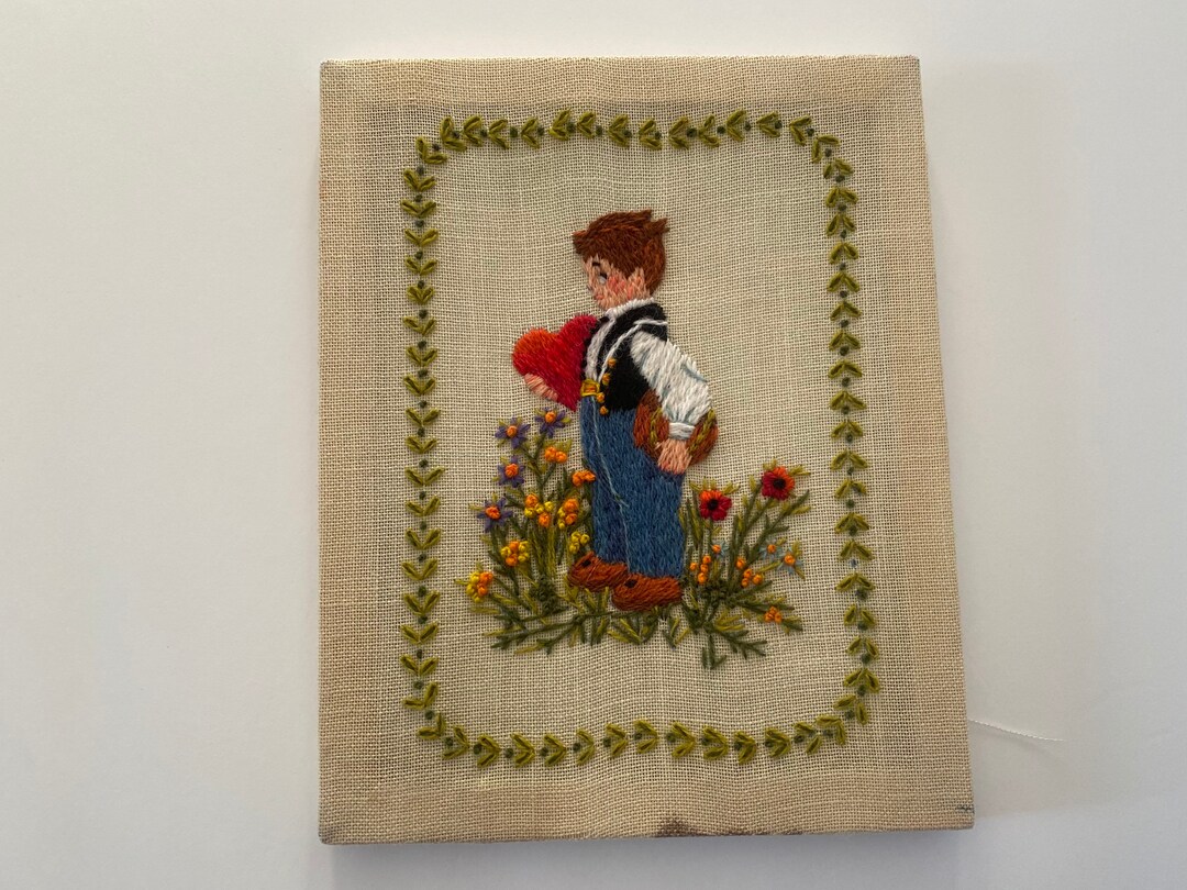 Vintage Crewel Embroidery Boy With Flowers and Heart / Bashful Dutch ...