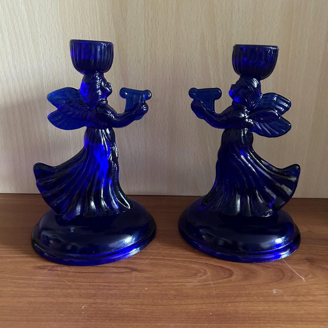 Vtg Cobalt Blue Glass Angel Candlestick Holders / Candle Holder Pair ...