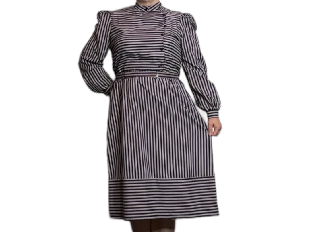 Vintage Breli Belted Purple and Grey Striped Mid Calf Dress / Vtg ...