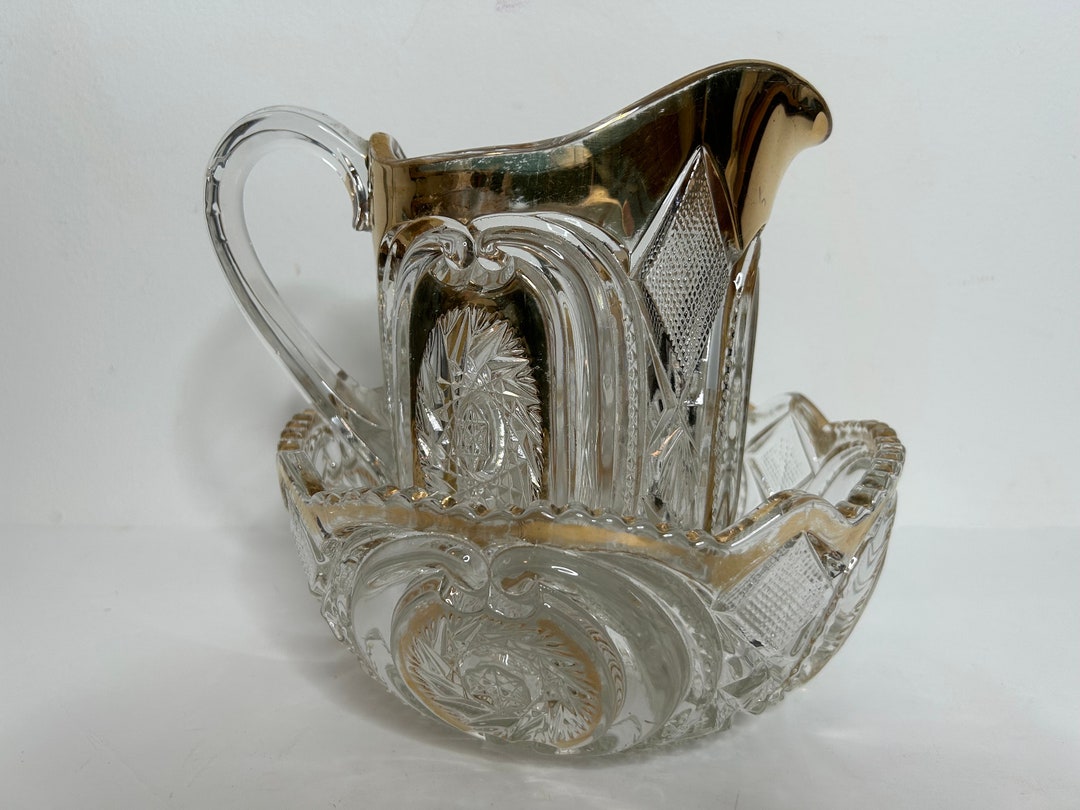 U.S. Glass Water Pitcher and Bowl Set in Victoria / Daisy and Scroll ...