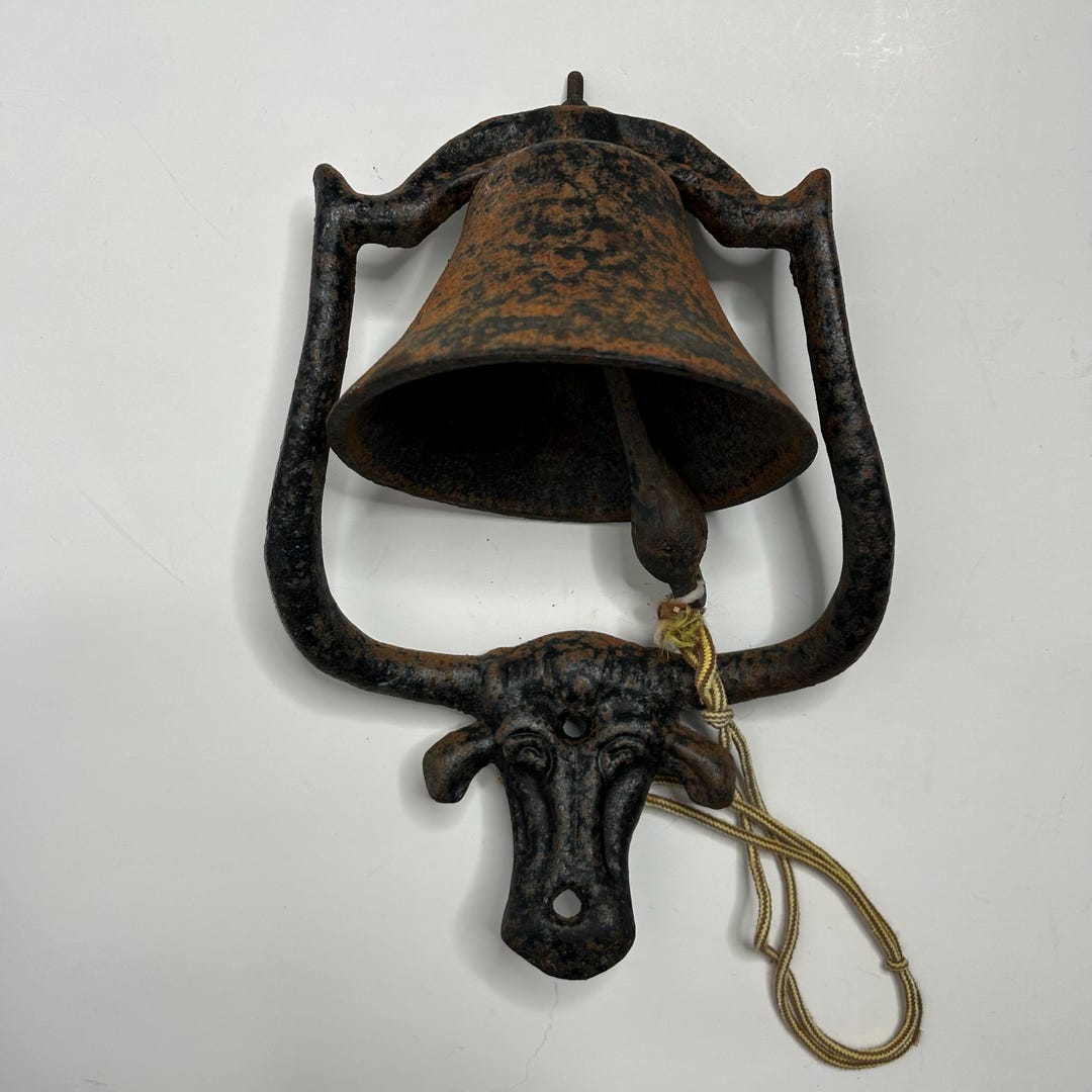 Vtg Cast Iron Cow Bell / Dinner Bell / Steer Head Ranch Bell / Rustic ...