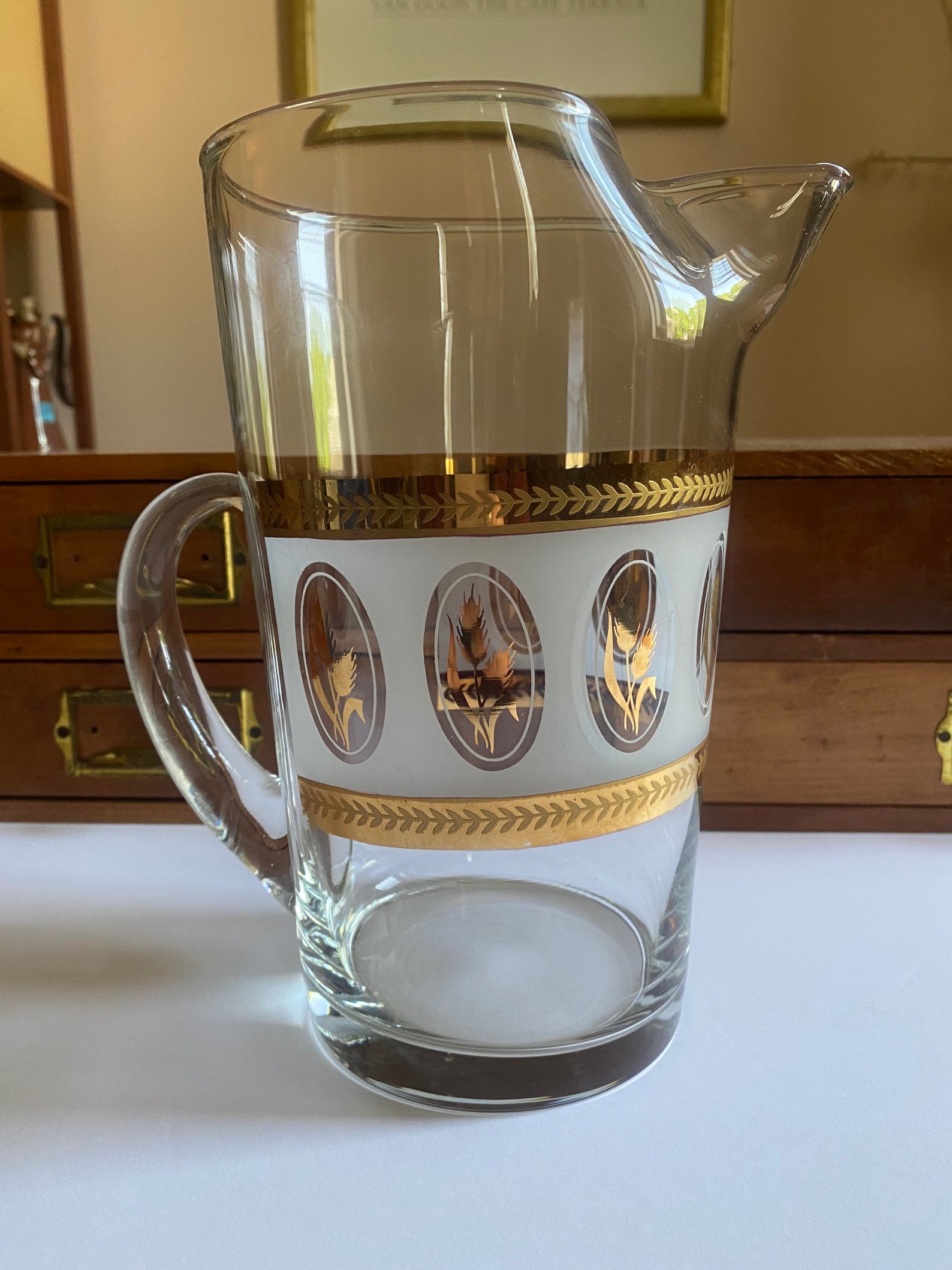 Vintage Glass Etched Gold Trim Pitcher - Etsy