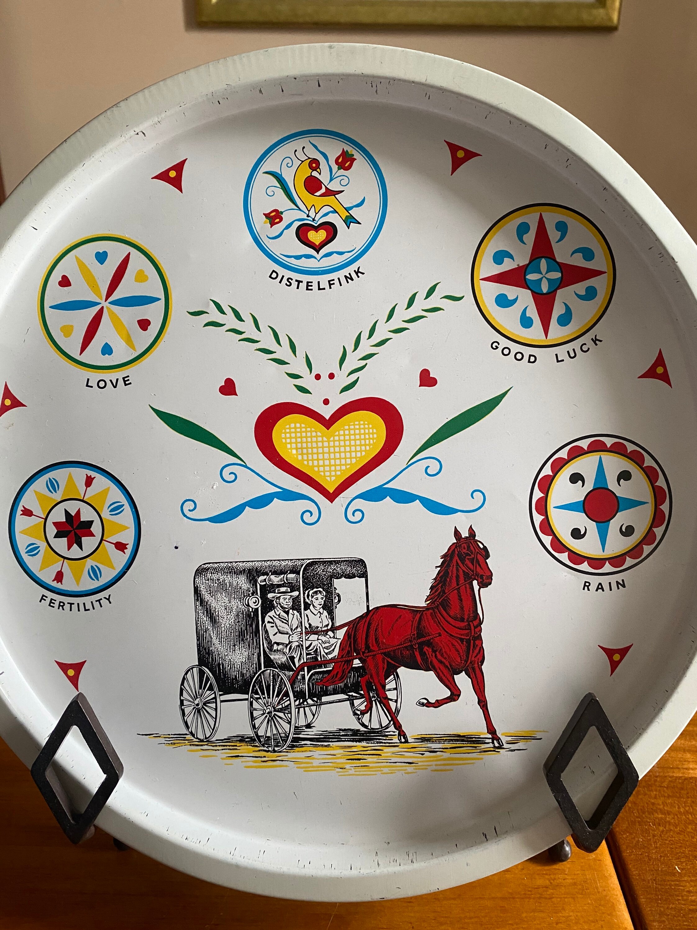 Pennsylvania Dutch round metal tin folk art distelfink serving | Etsy