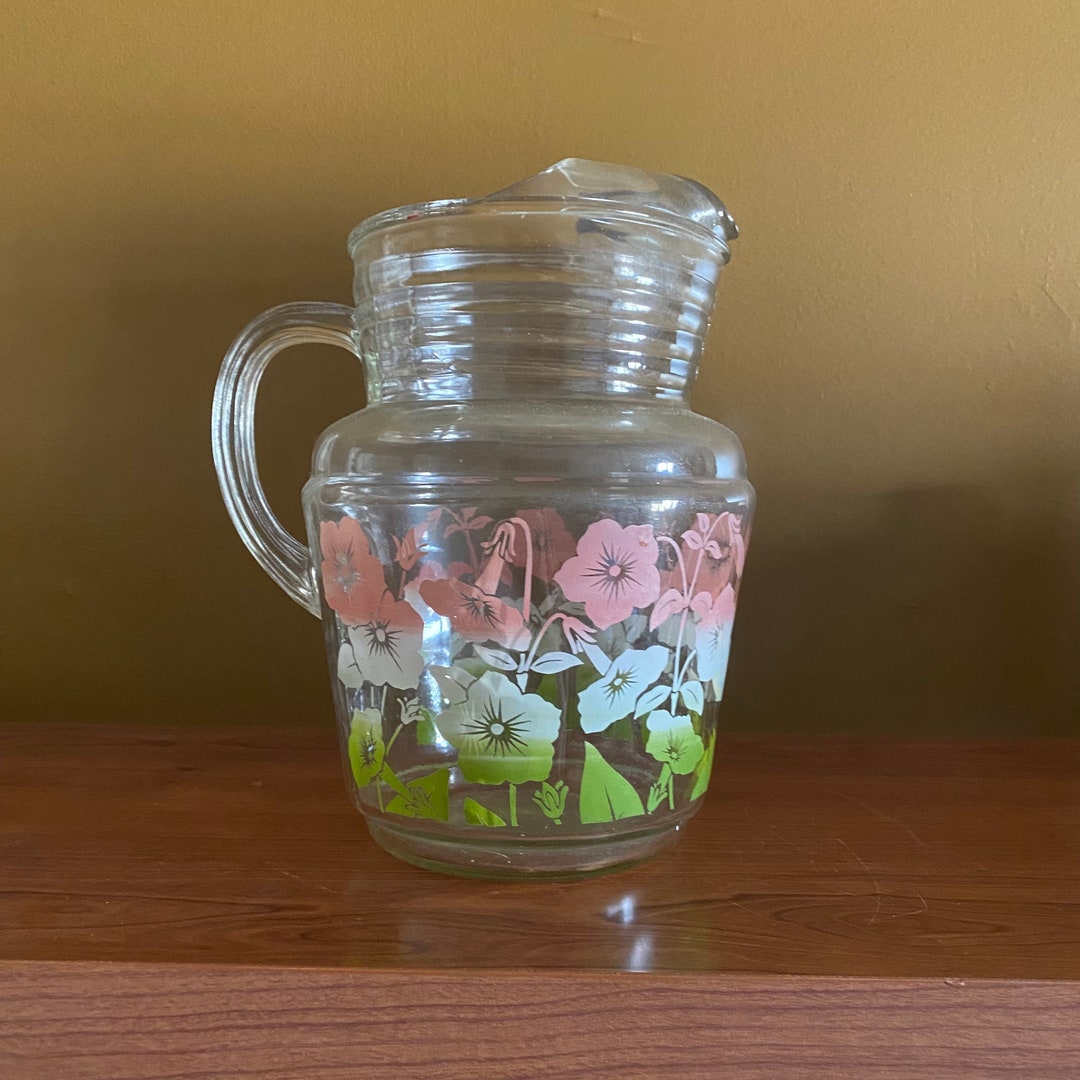 Vintage 9 Glass Floral Lemonade Pitcher Vase - Etsy