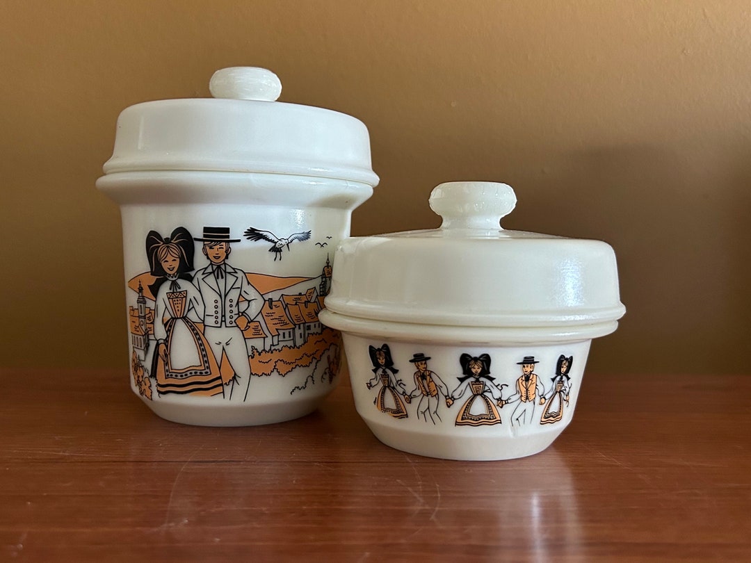 Vtg Repaired Opalex Milk Glass Jar Set With Dutch Boy Girl Scene Made ...