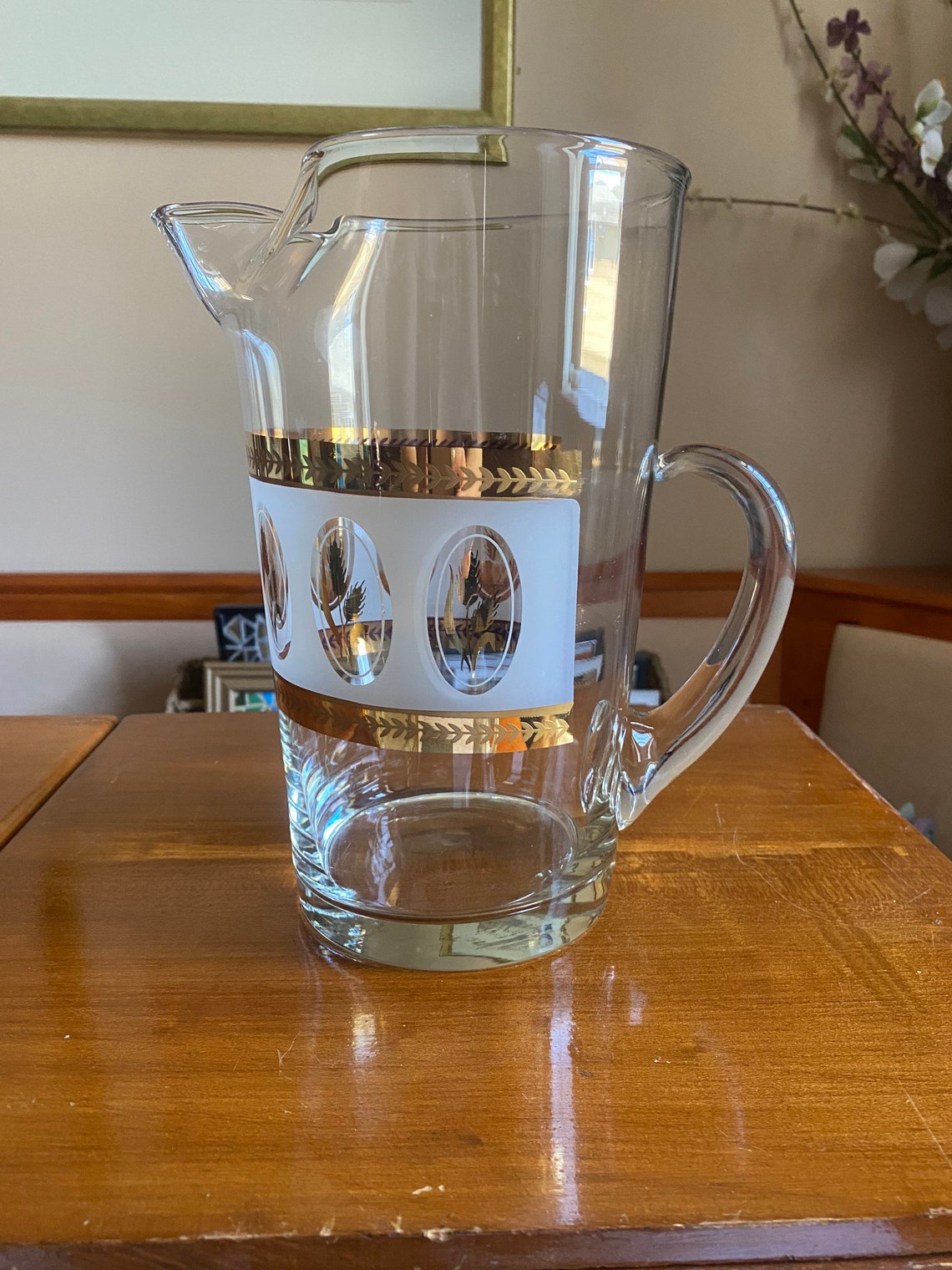 Vintage Glass Etched Gold Trim Pitcher Etsy